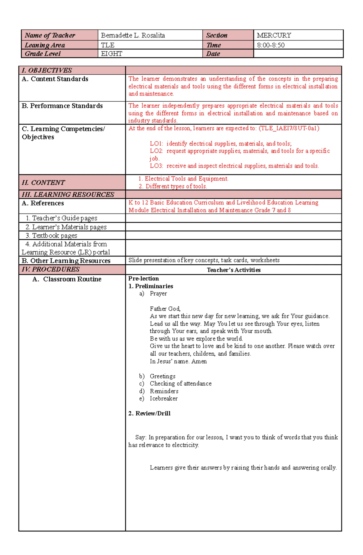 Lesson PLAN IN TLE VI - LESSON PLAN IN TLE VI (ICT-ENTREPRENEURSHIP) I ...