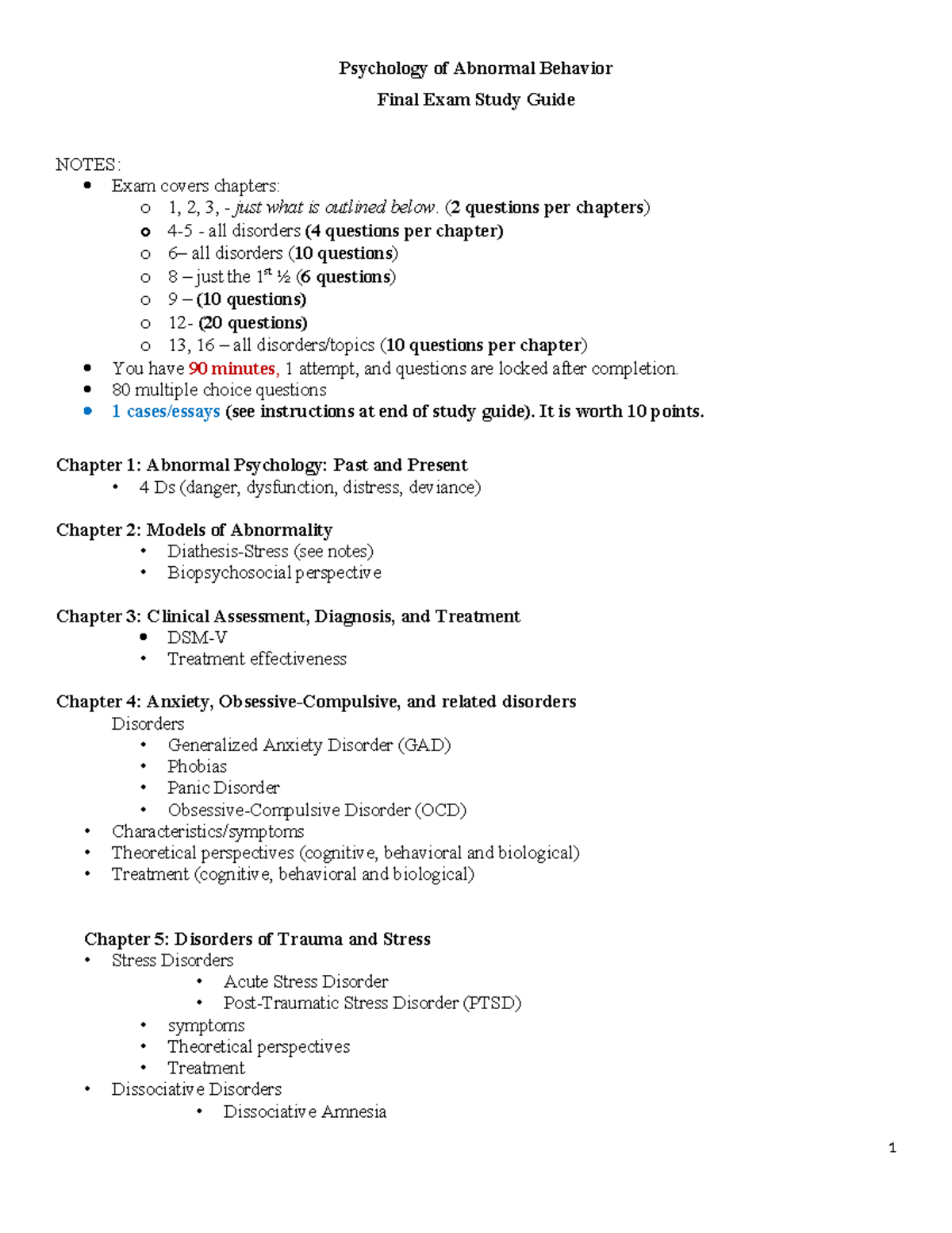 Abnormal Psychology PSY 101 - Final Exam Study Guide Notes - Studocu