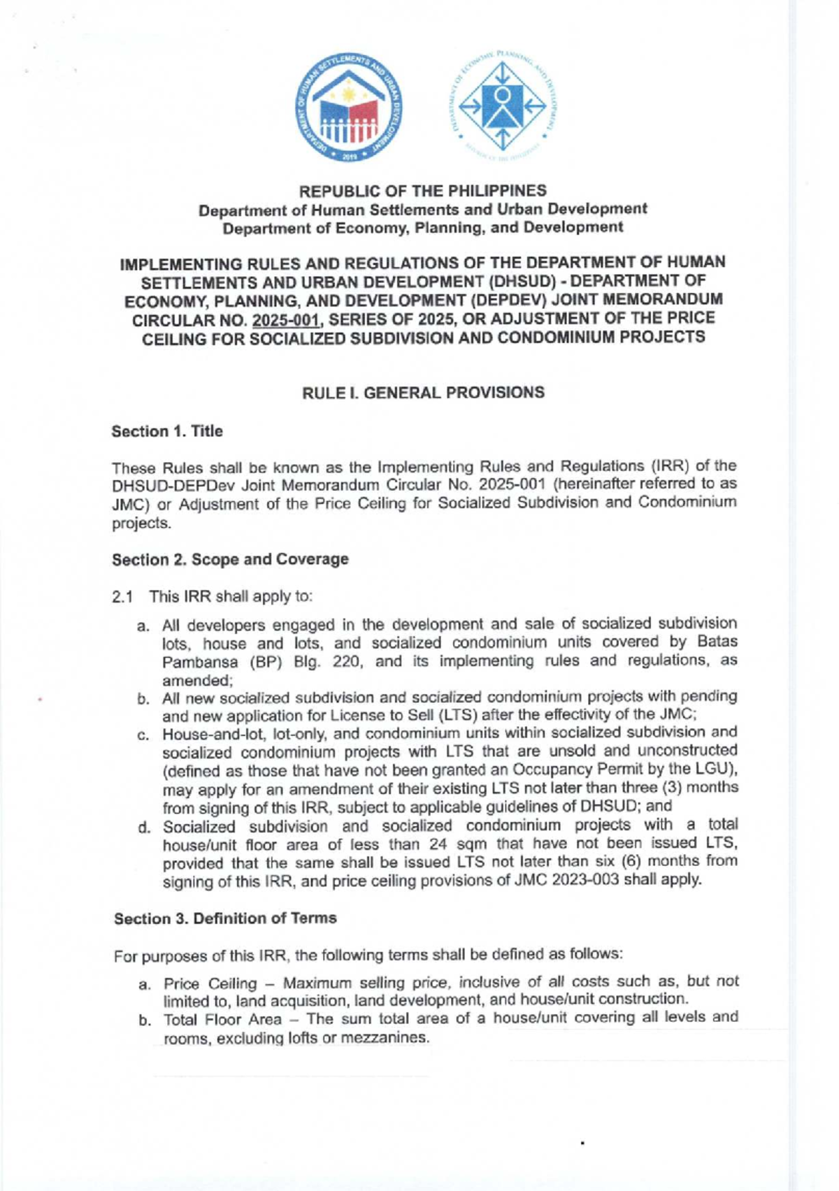 Implementing Rules & Regulations of DHSUD & DEPDev JMC No. 2025 - Studocu