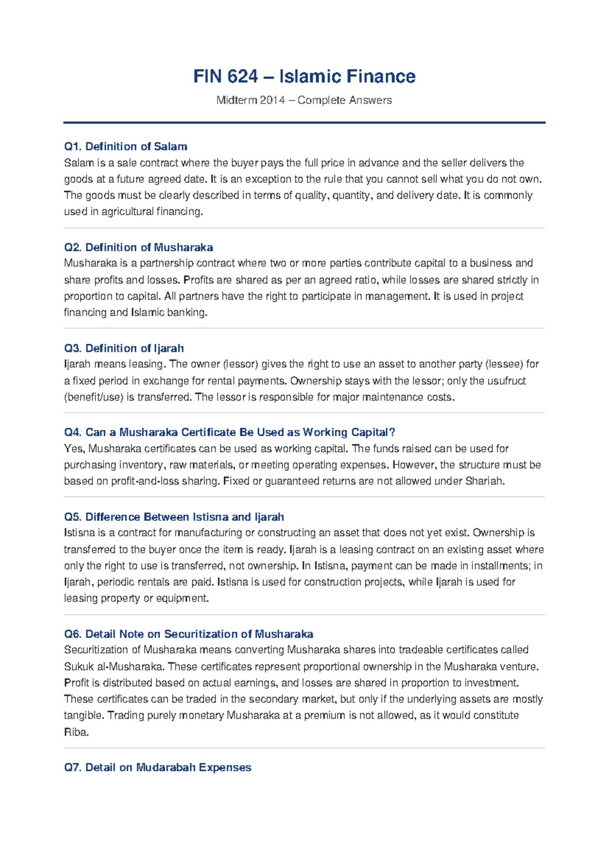 FIN 624 Islamic Finance Midterm 2014 Comprehensive Answers - Studocu
