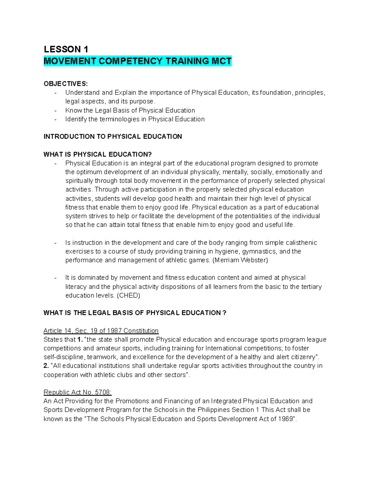 Movement Competency Training (MCT) - Pathfit Prelim Notes - Studocu