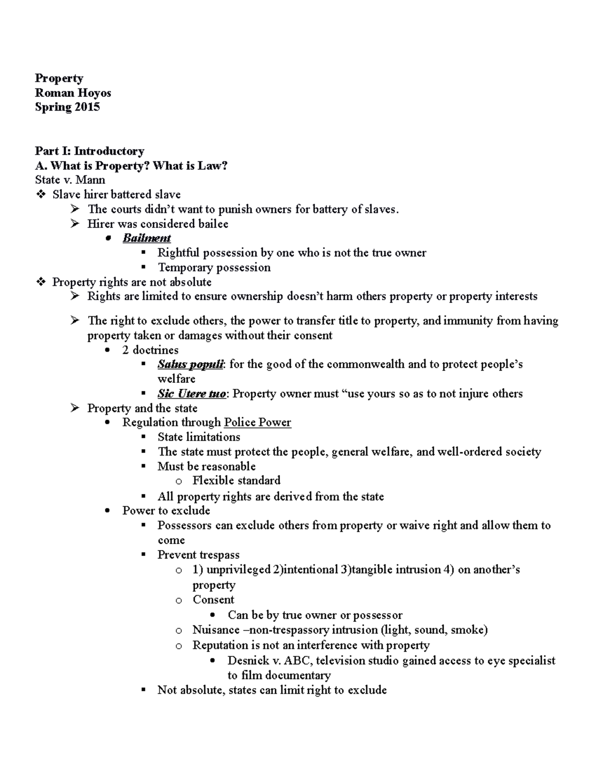 Property Law Outline for Course 123: Spring 2015 Notes - Studocu