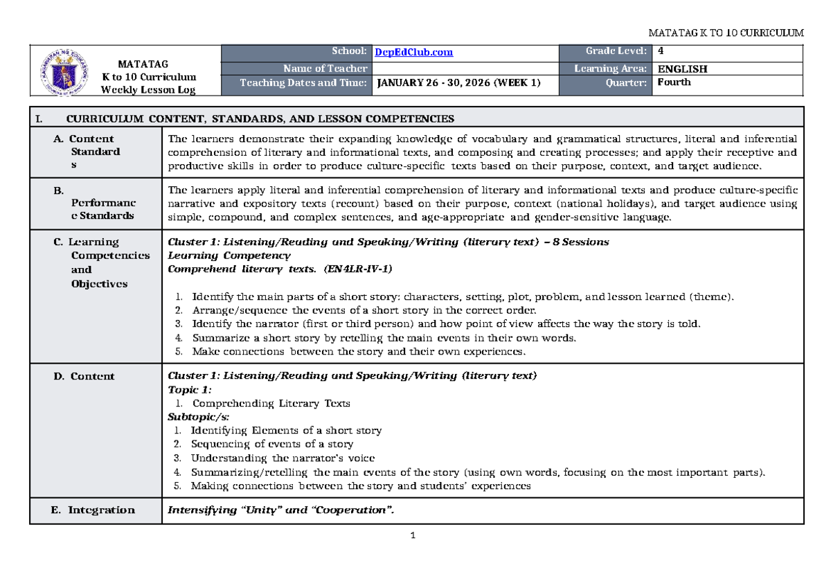 DTC DLL Matatag English 4 Q4 Week 1 Lesson Plan - Studocu