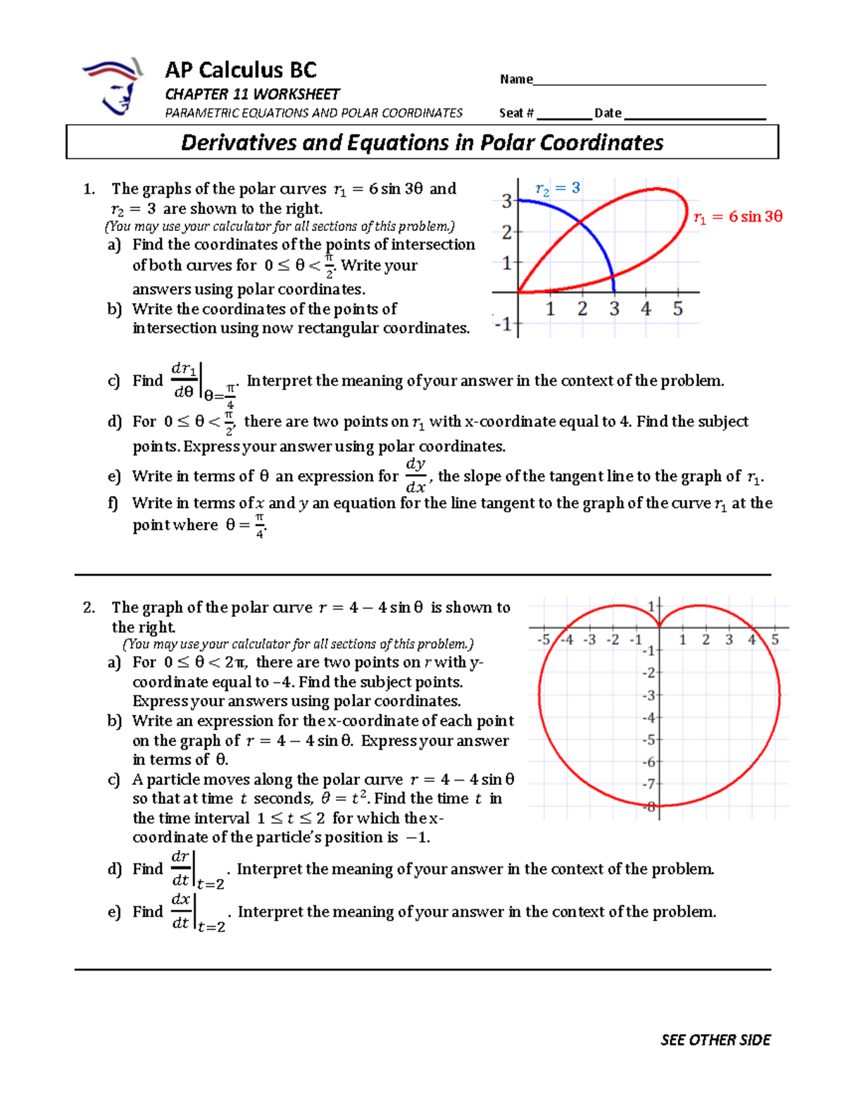 AP Calculus BC CHAPTER 11 WORKSHEET: Parametric & Polar Equations - Studocu