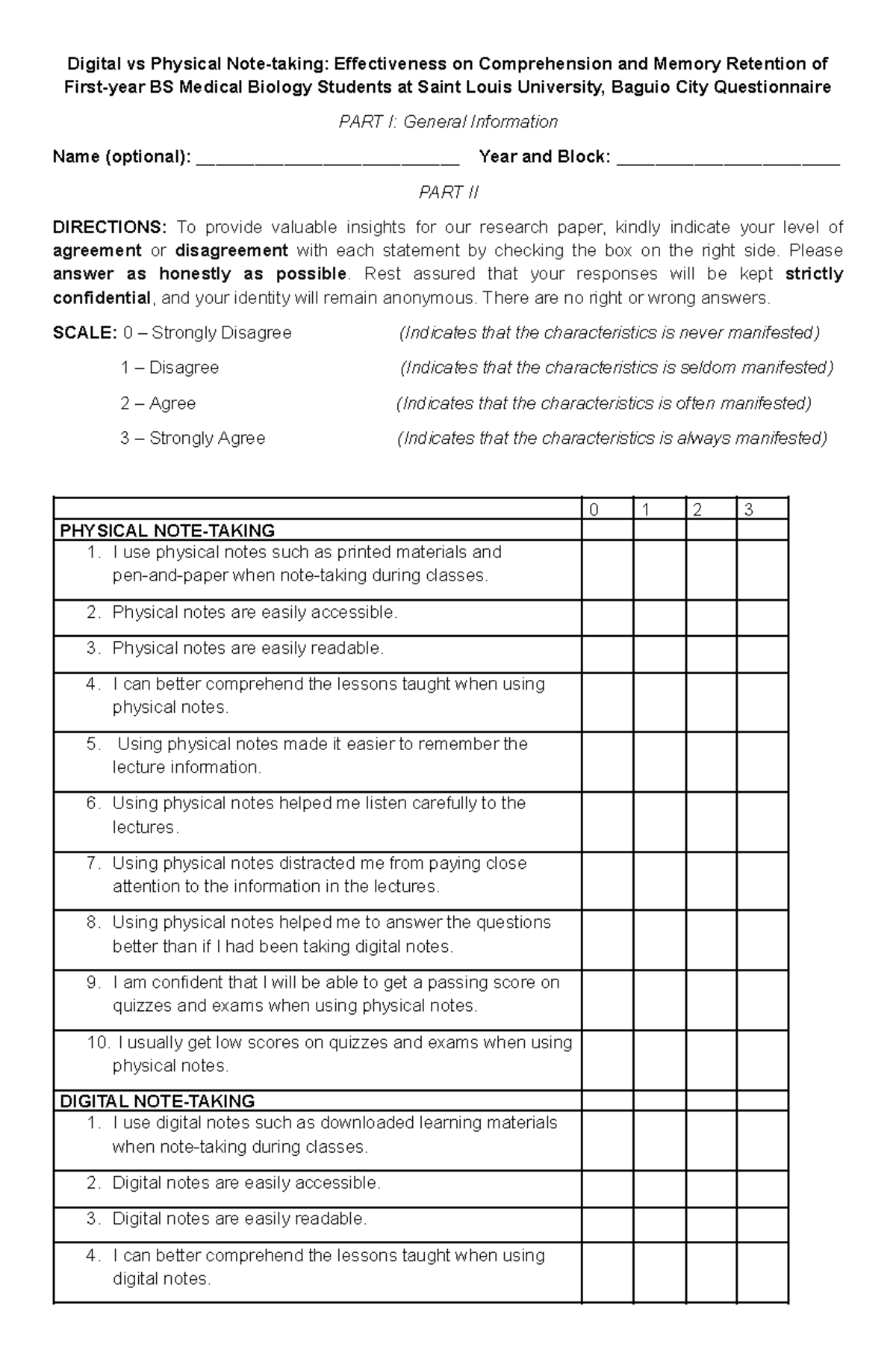 BS MB 101 - Questionnaire on Digital vs Physical Note-taking ...