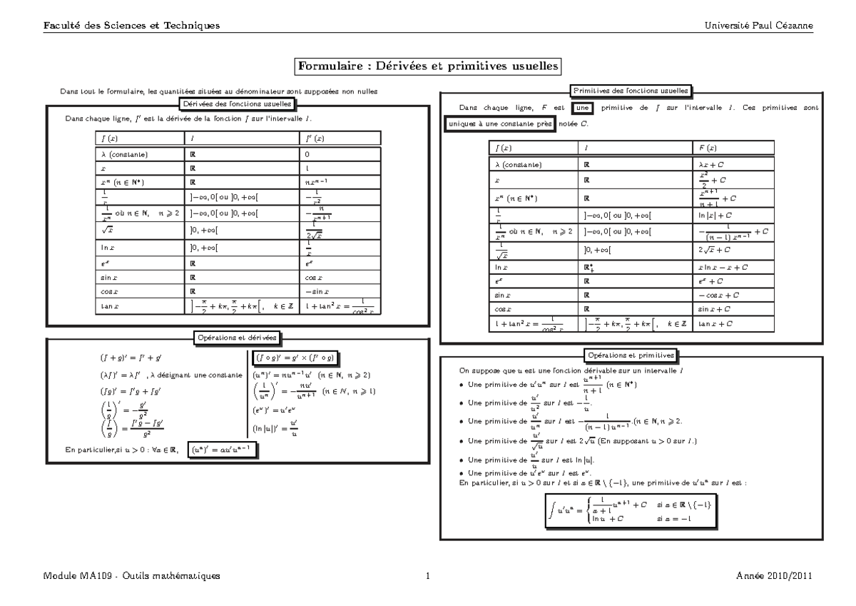 Fiche de Formulaire et Primitives des Fonctions - TSI 1 - Studocu