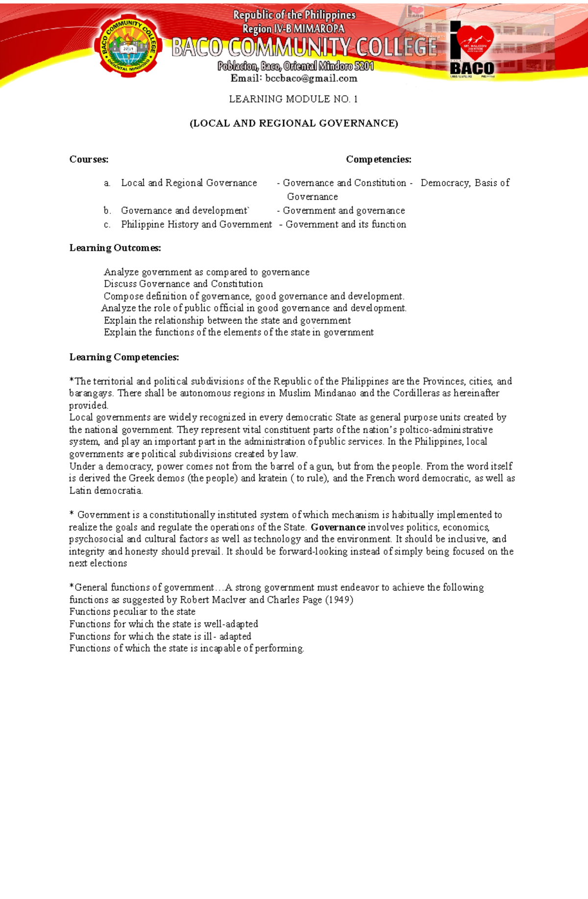 Governance and Development: Learning Module 1 on Local Governance - Studocu