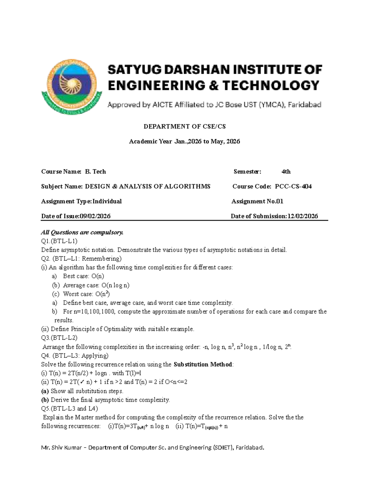 DAA Assignment 1: Asymptotic Notation & Time Complexity Analysis - Studocu