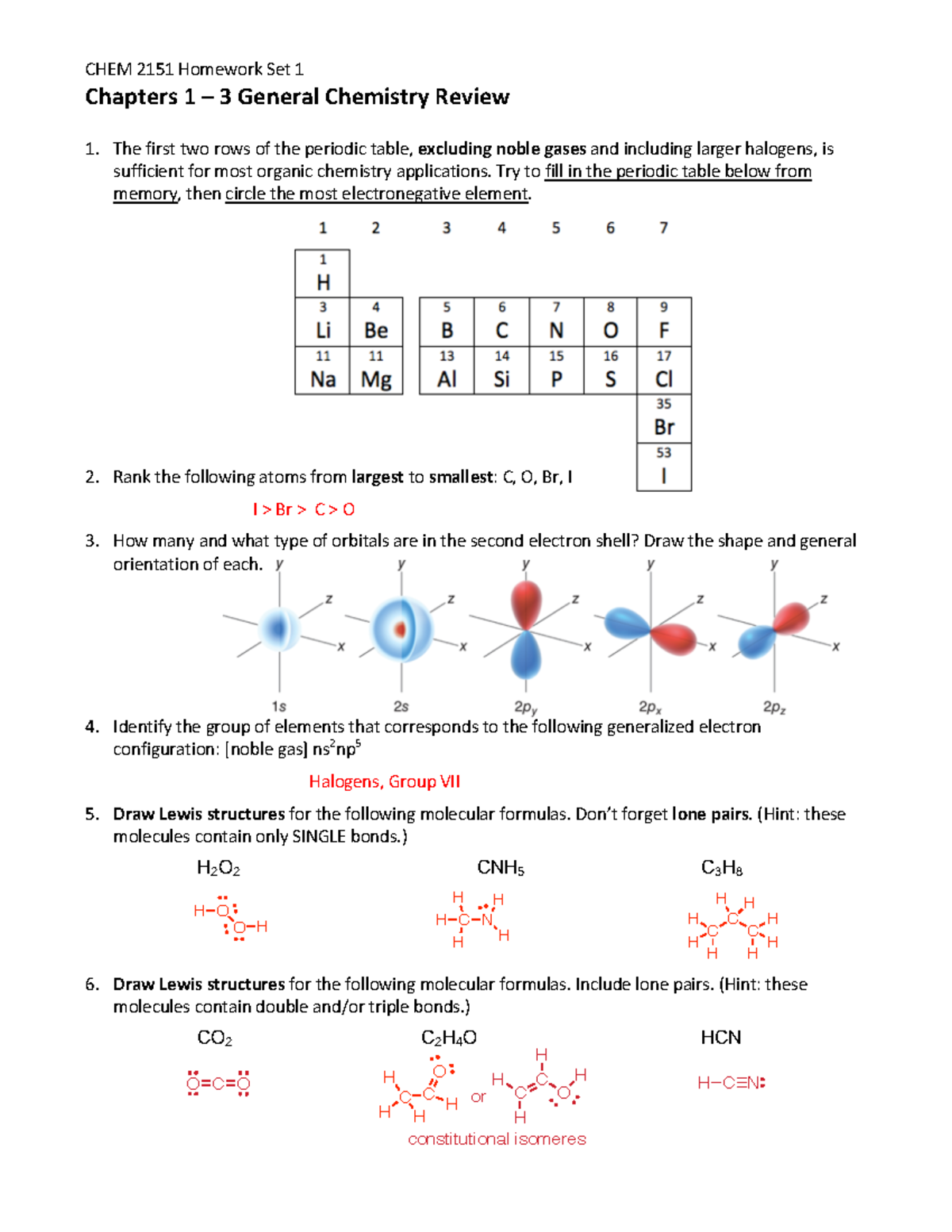 Gen Chem review Ch1-3 KEY - CHEM 2151 Homework Set 1 Chapters 1 – 3 ...