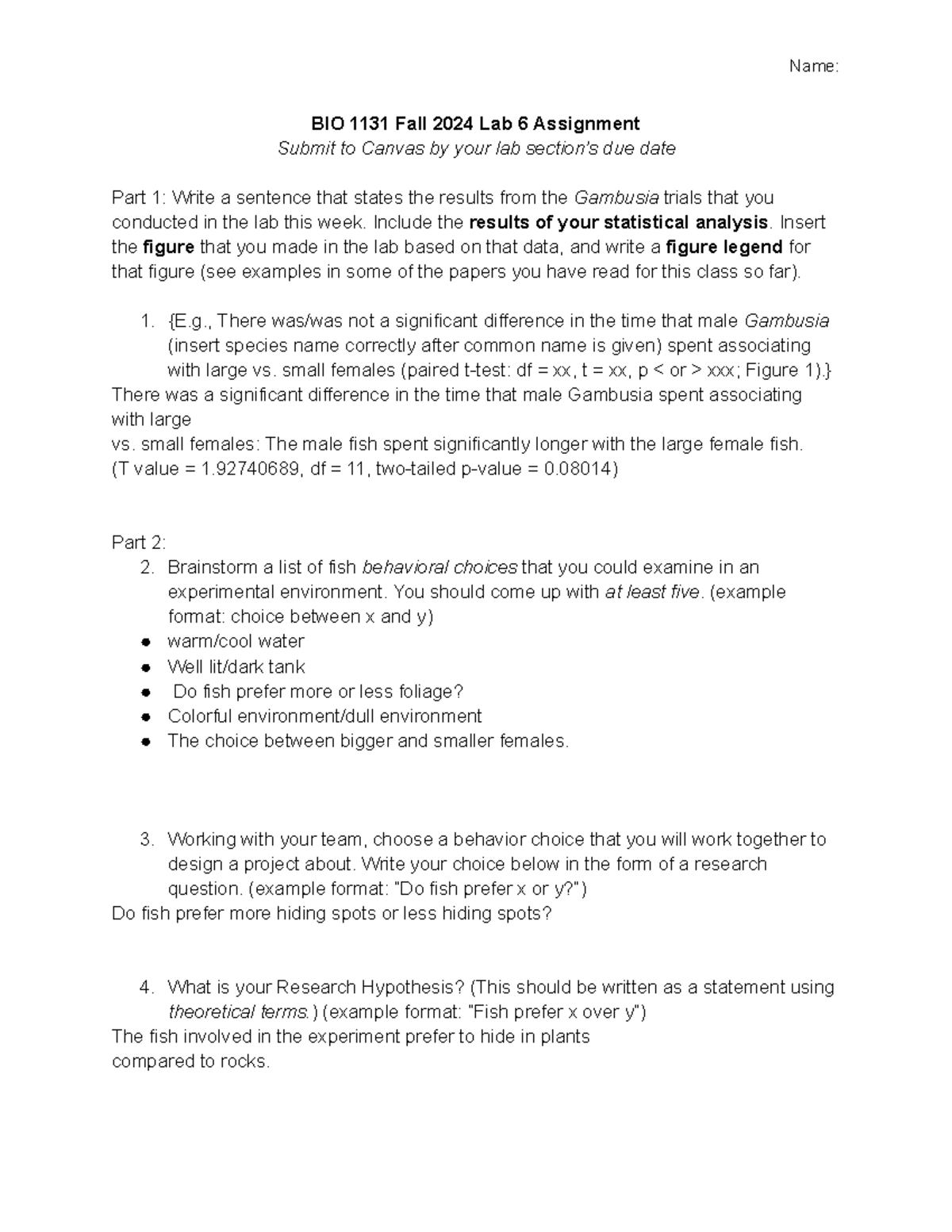 BIO 1131 Fall 2024 Lab 6: Exploring Gambusia Fish Behavior and ...