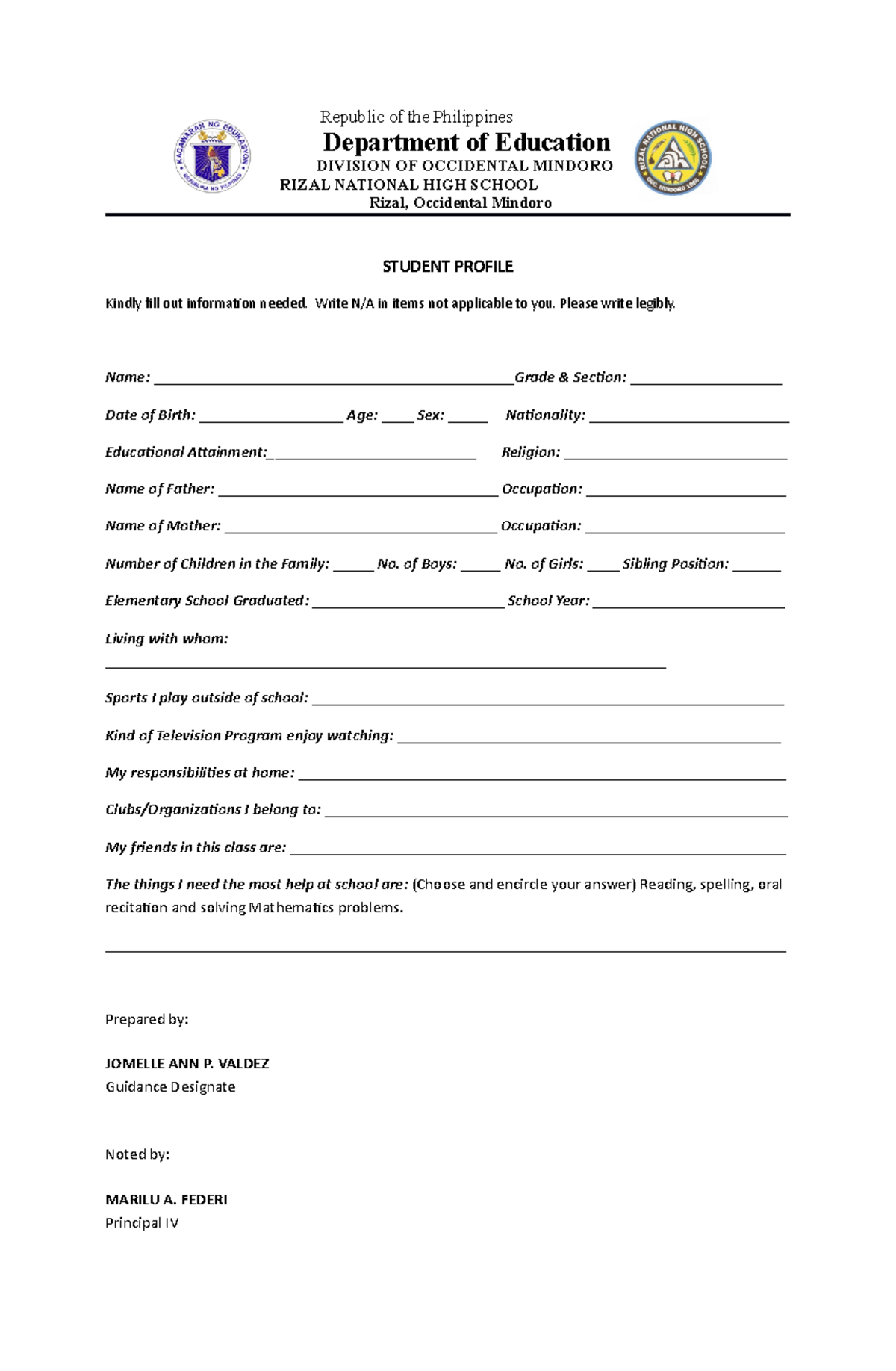 Student Profile Form - Guidance Document - Studocu