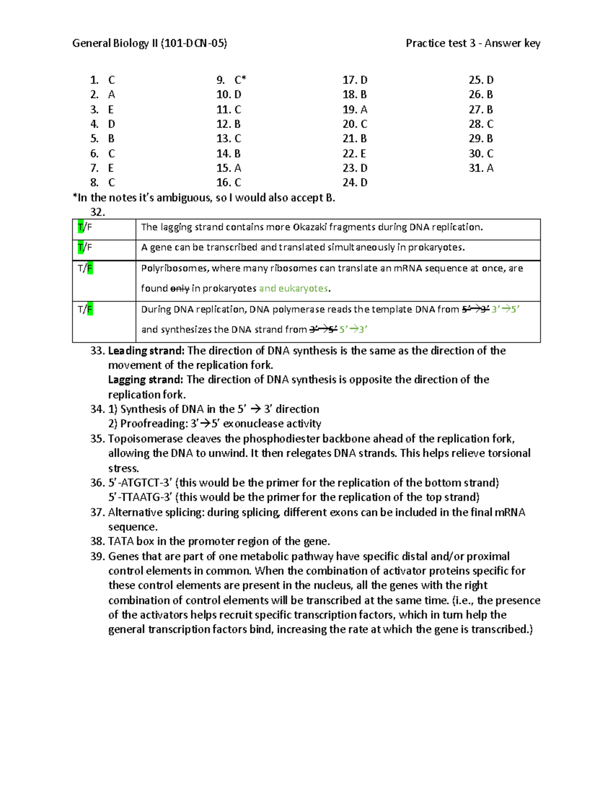 General Biology II (101-DCN-05) Practice Test 3 - Answer Key - Studocu