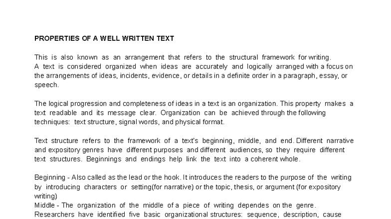 Properties of a Well-Written Text: Structure & Organization - Studocu