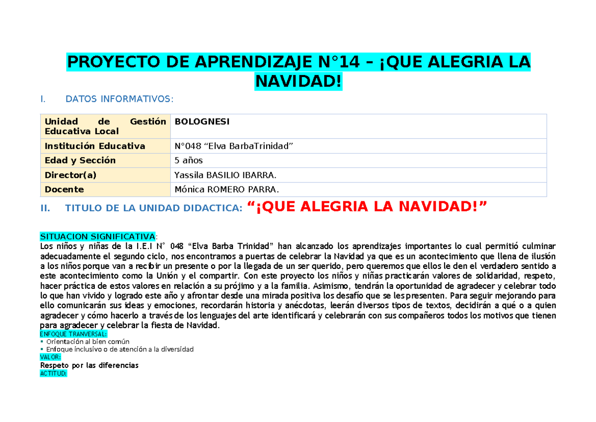 **Proyecto de Aprendizaje n°14: ¡Que Alegría la Navidad!** - Studocu