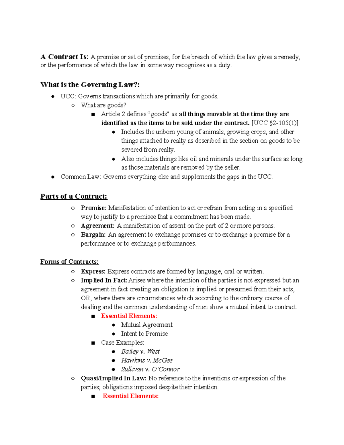 Contracts Outline: Key Concepts and Case Examples - Studocu