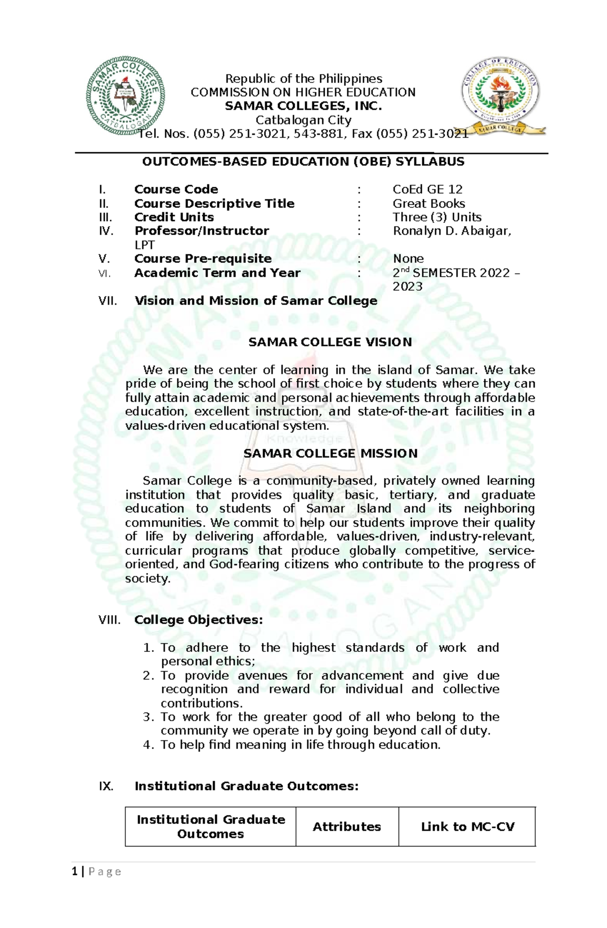 CoEd GE 12 Great Books Syllabus - 2nd Semester 2022-2023 - Studocu