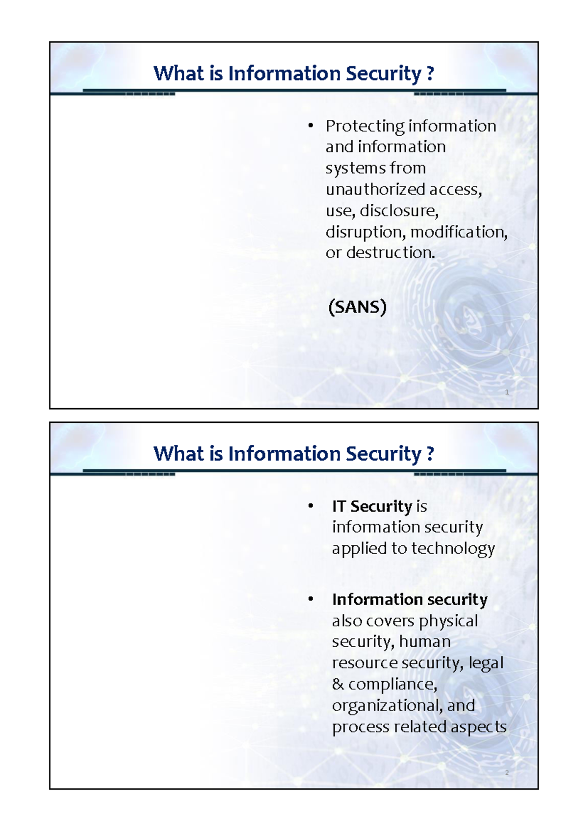 Info Sec (1 - 30) Lecture: Comprehensive Overview of Information Security - Studocu