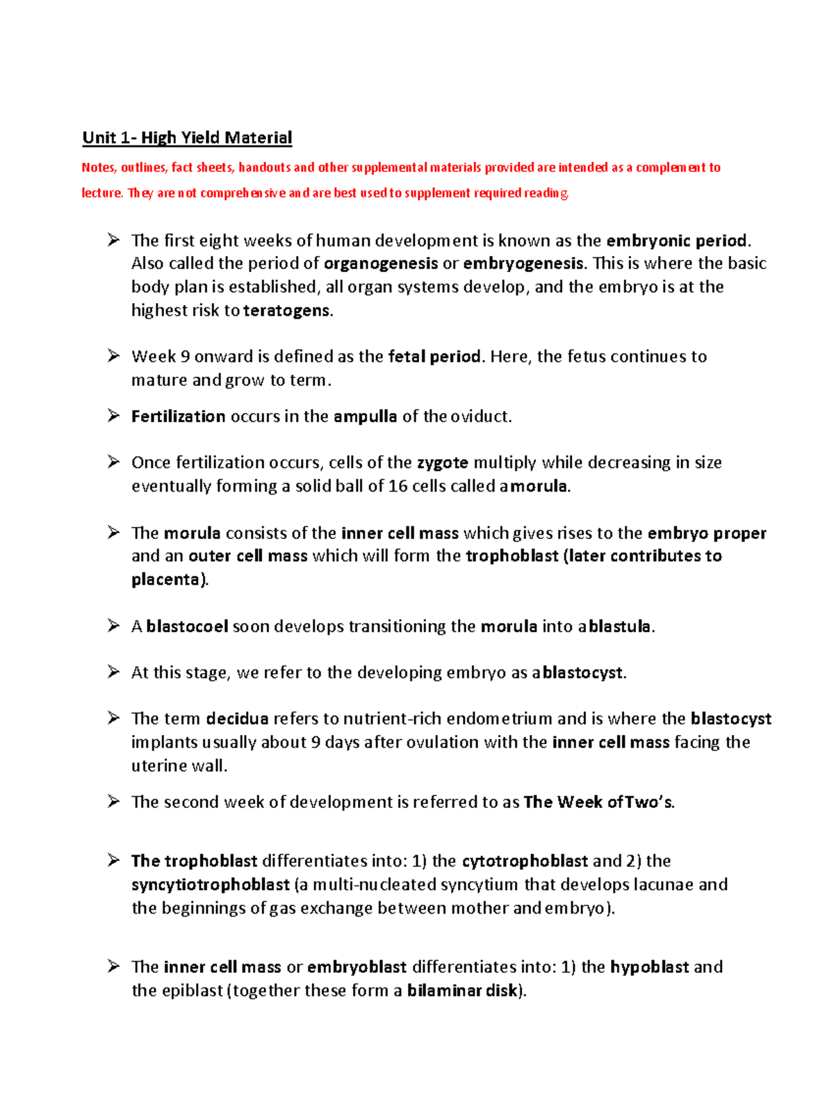 High Yield Notes: Embryology Unit 01 Overview - Studocu