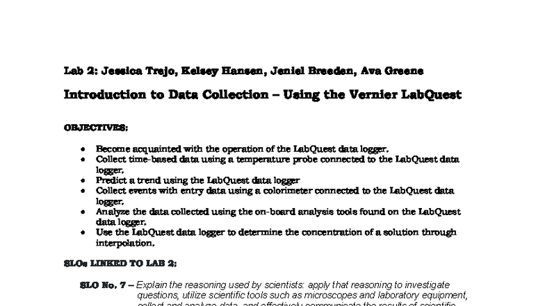 Lab 2: Introduction to Data Collection with LabQuest Data Logger - Studocu