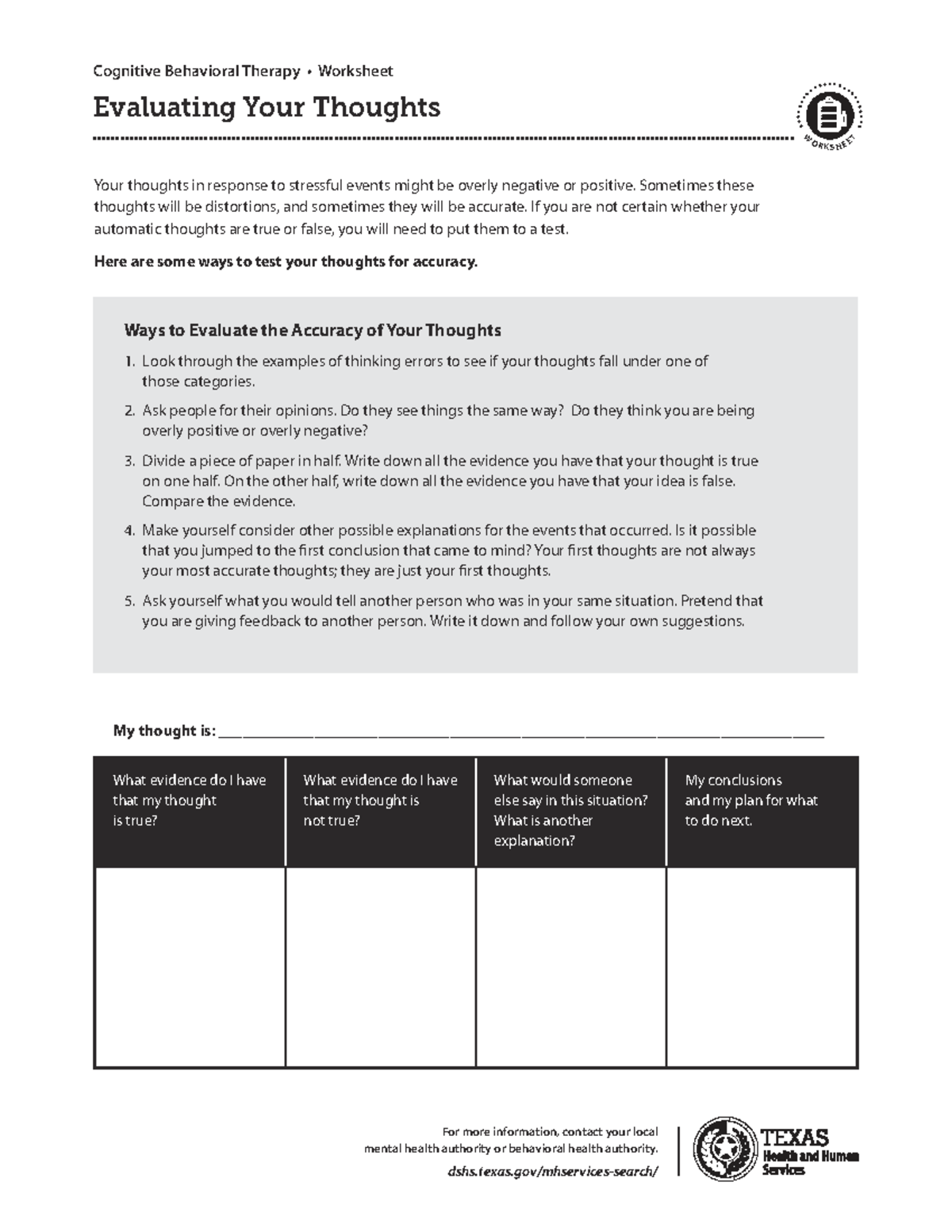 Cognitive Behavioral Therapy (CBT) Worksheet: Evaluating Your Thoughts ...
