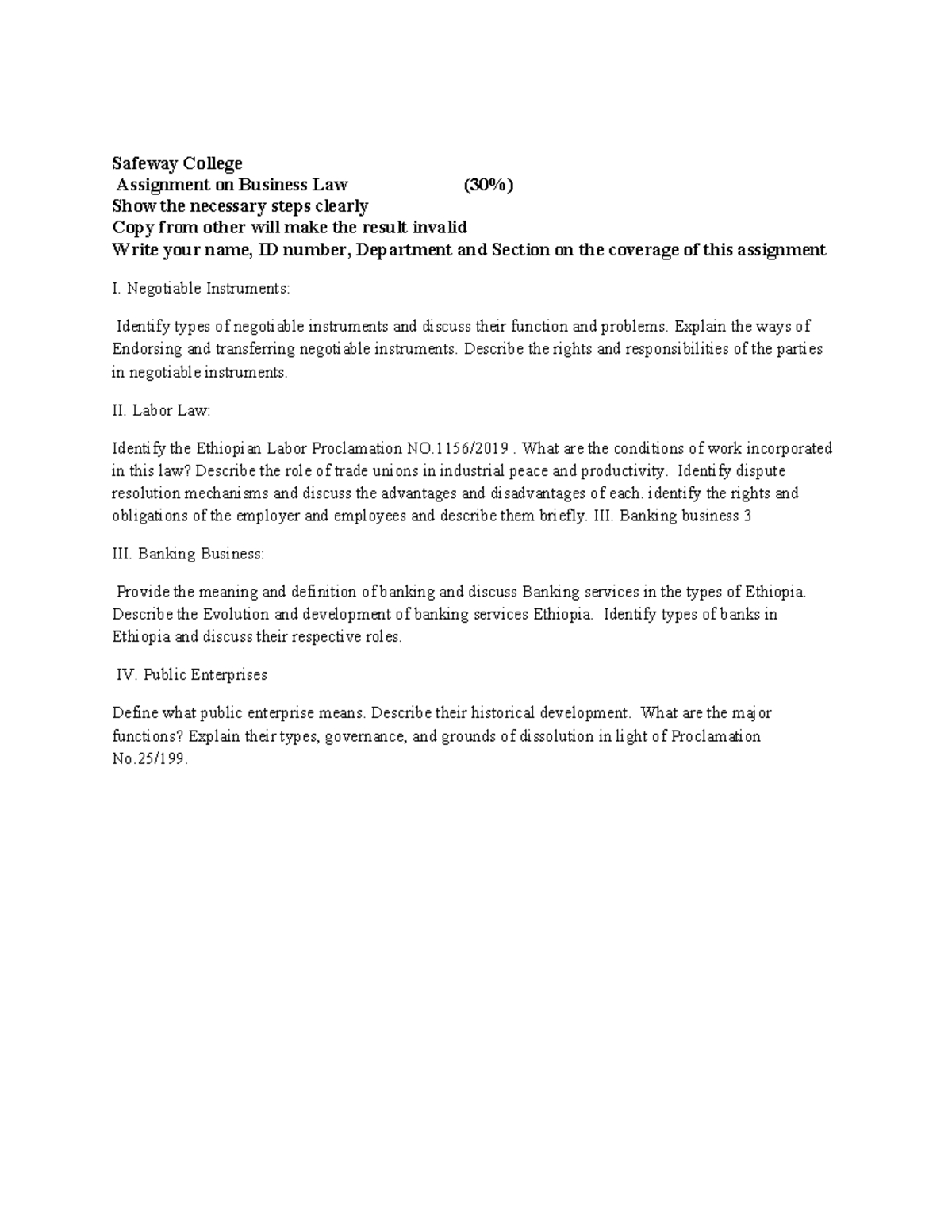 Assignment on Busssess Lwa Safeway College - Safeway College Assignment ...