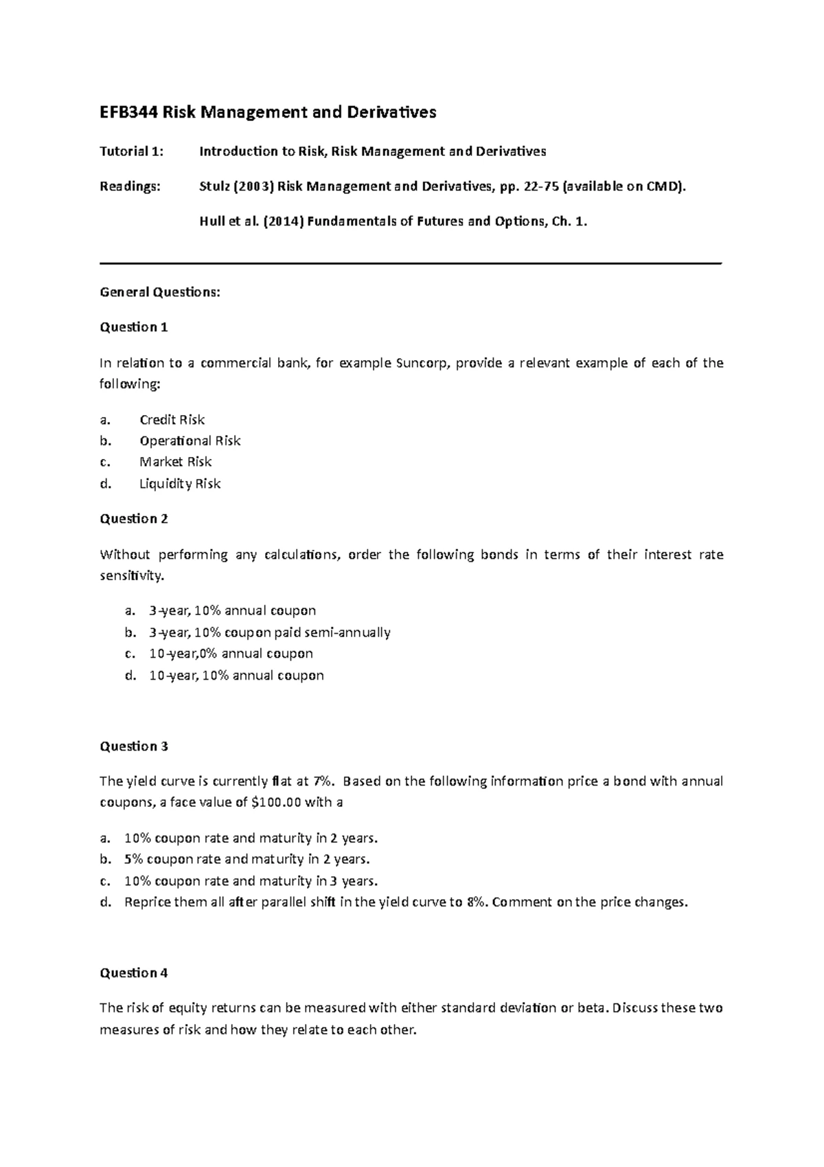 EFB344 Risk Management & Derivatives Tutorial 10: Options Strategies & Parity - Studocu