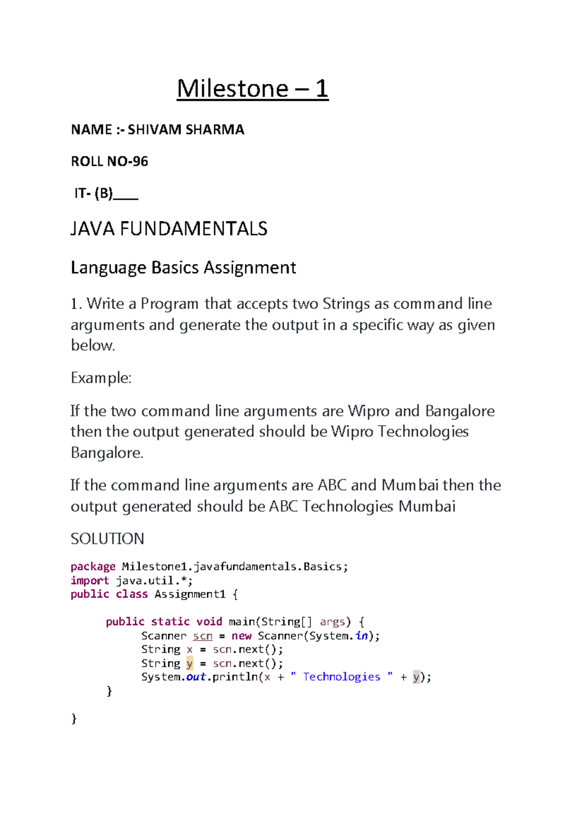 Wipro IT(B) Java Fundamentals Milestone 1 Programming Assignments - Studocu