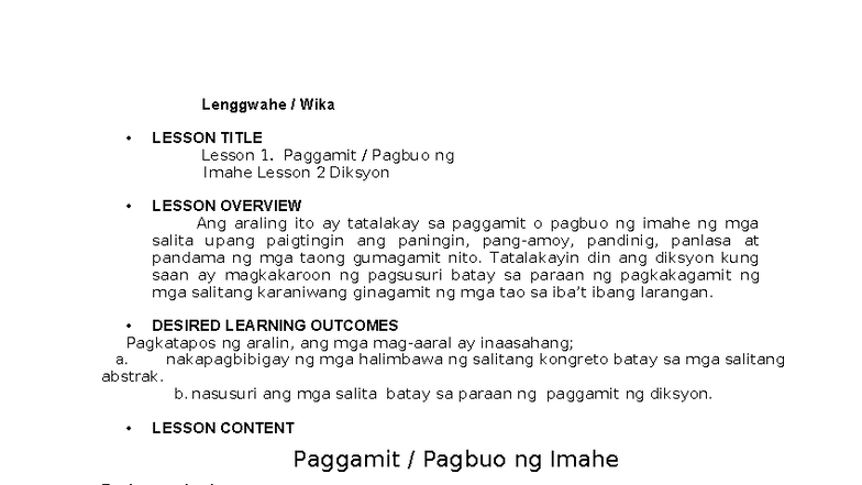 Lenggwahe Wika LESSON 1: Paggamit at Pagbuo ng Imahe at Diksyon - Studocu