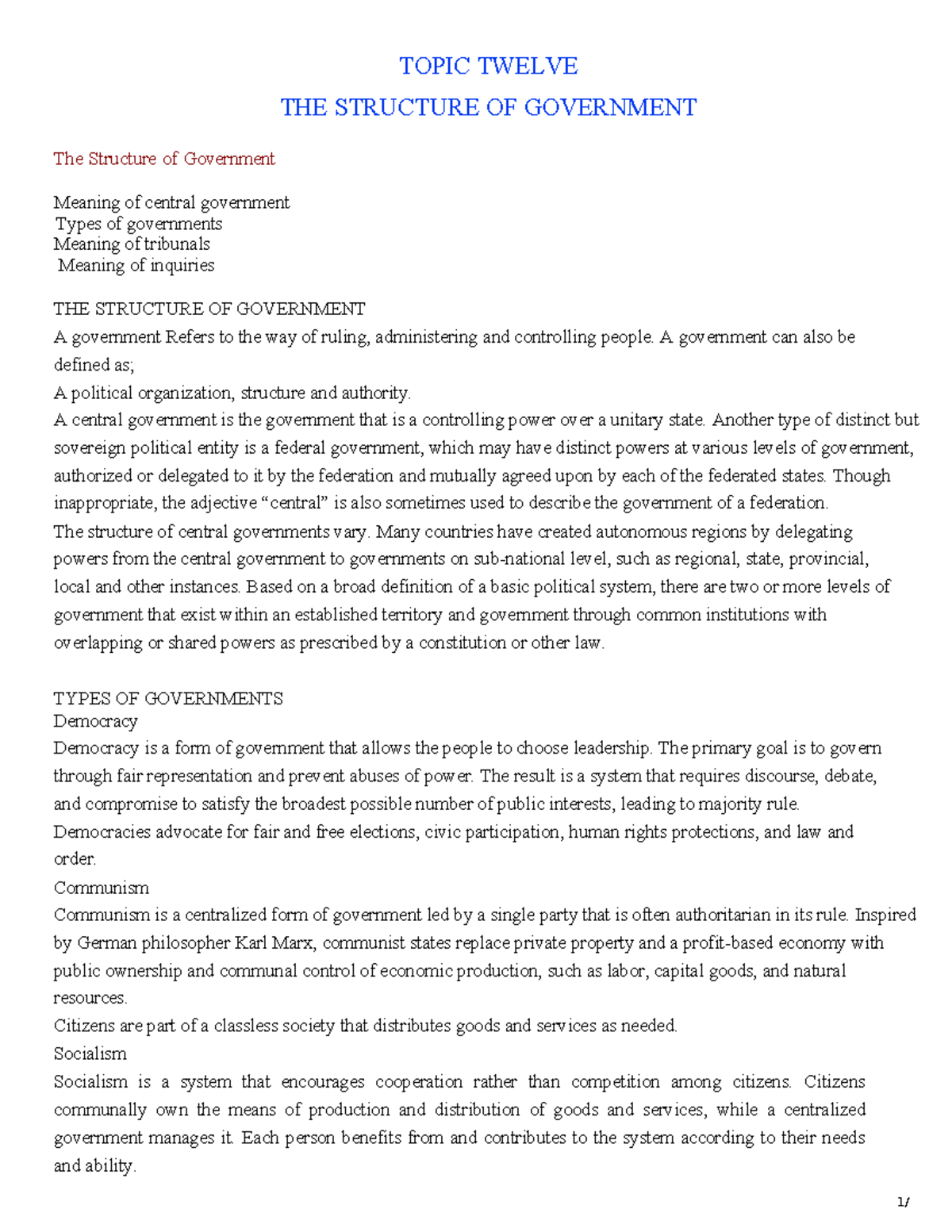 GOVT 101: Structure of Government - Types, Functions, and Tribunals ...