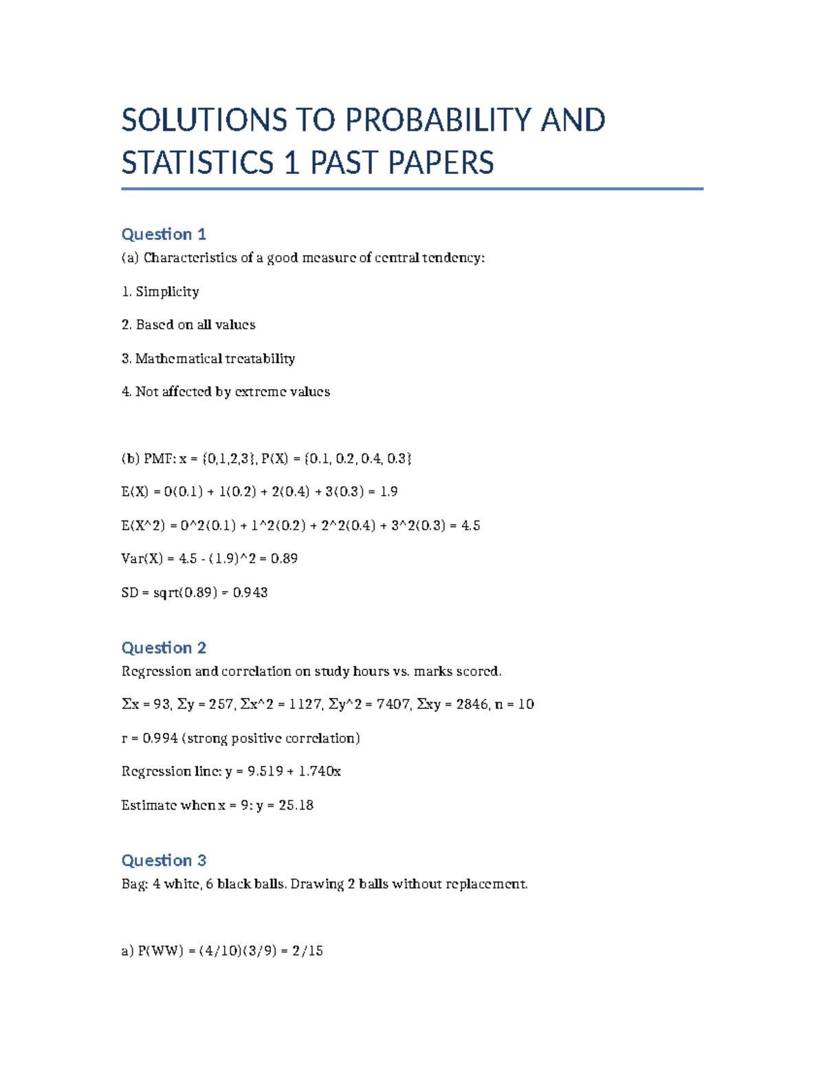 Probability and Statistics 1: Solutions to Past Papers - Studocu
