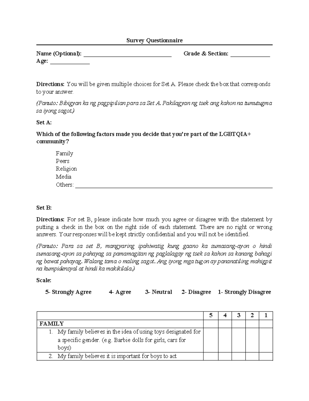 Printable Instrument - It is a lecture notes - Survey Questionnaire ...