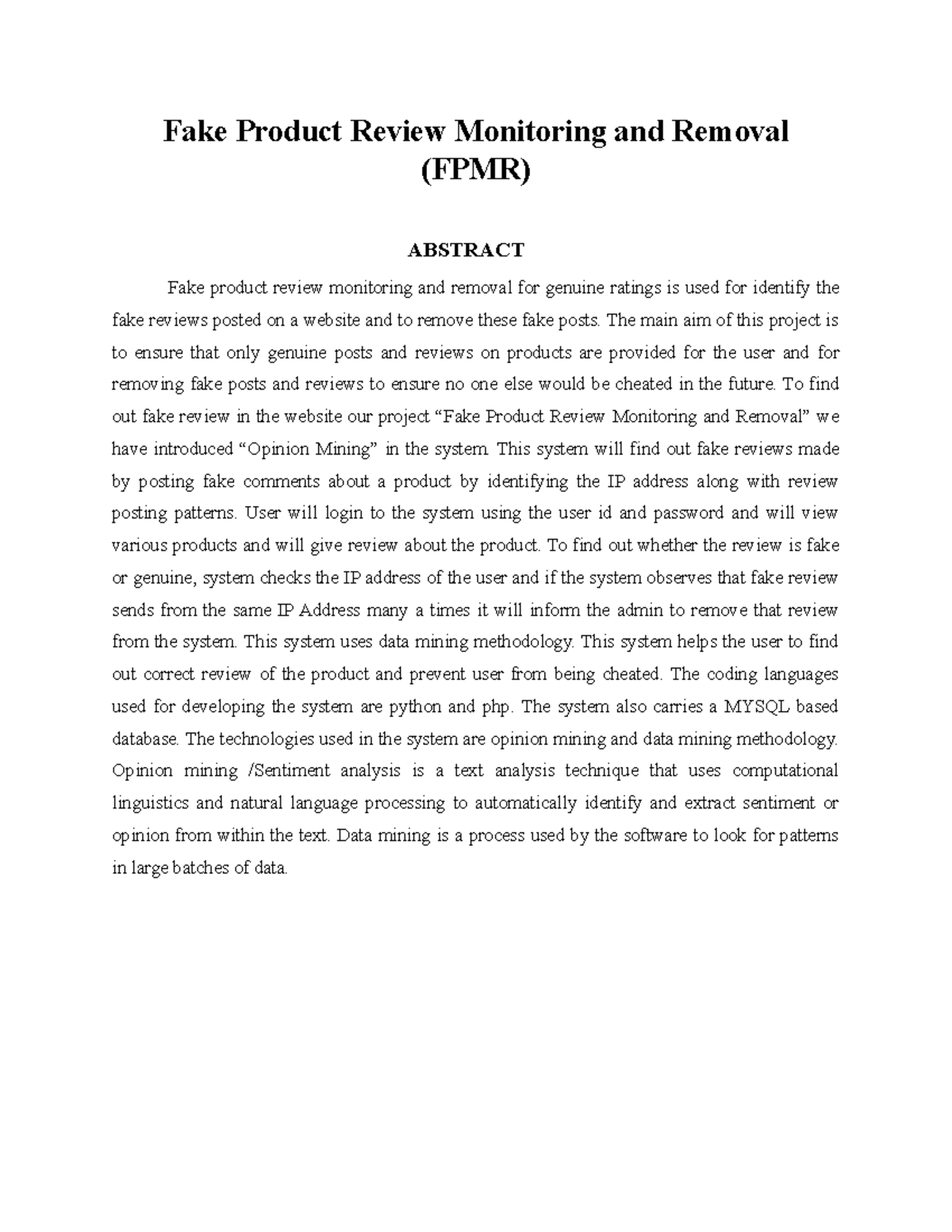 Project report ver 1 - Fake Product Review Monitoring and Removal (FPMR ...
