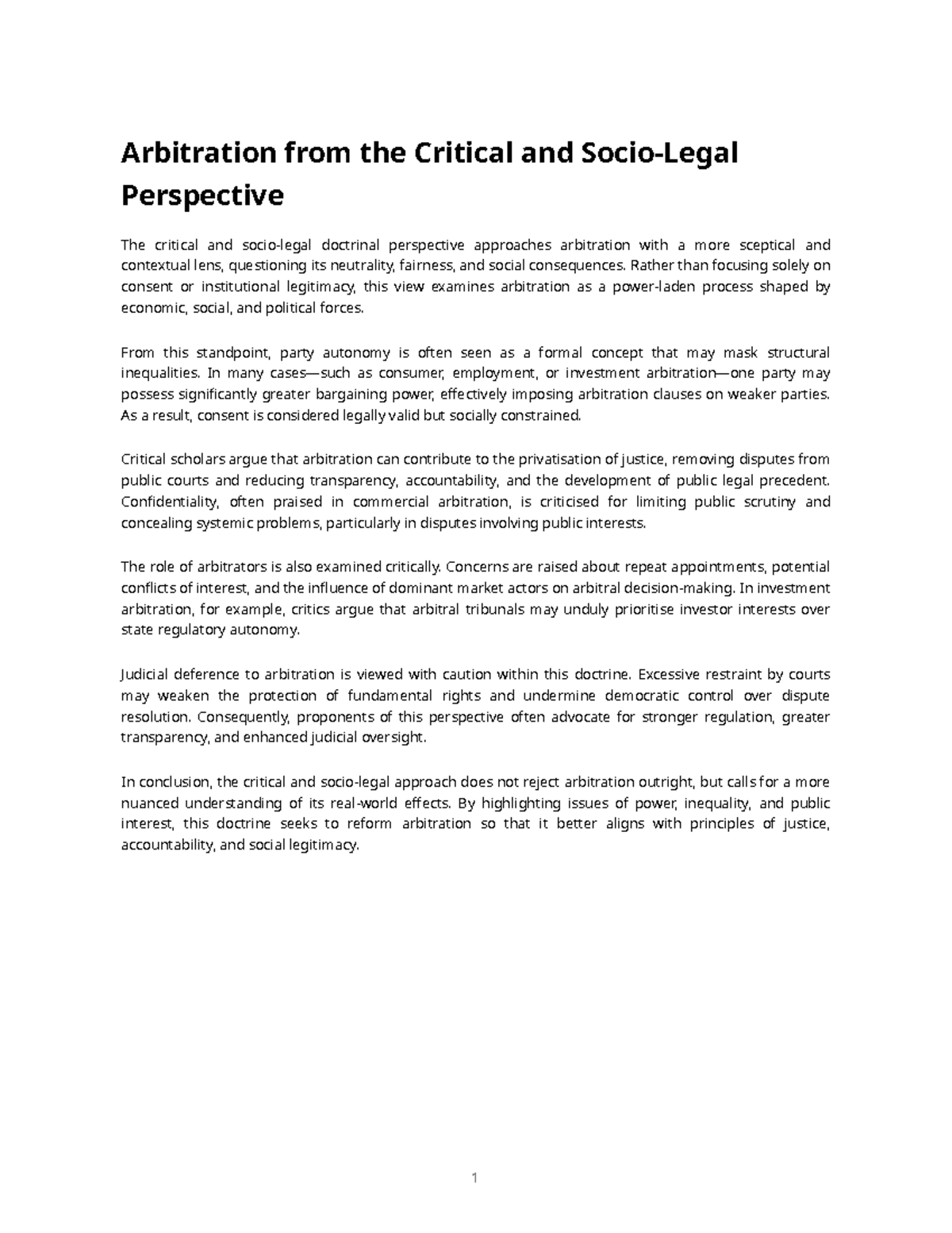 Arbitration – Critical and Socio-Legal Perspectives on Justice - Studocu