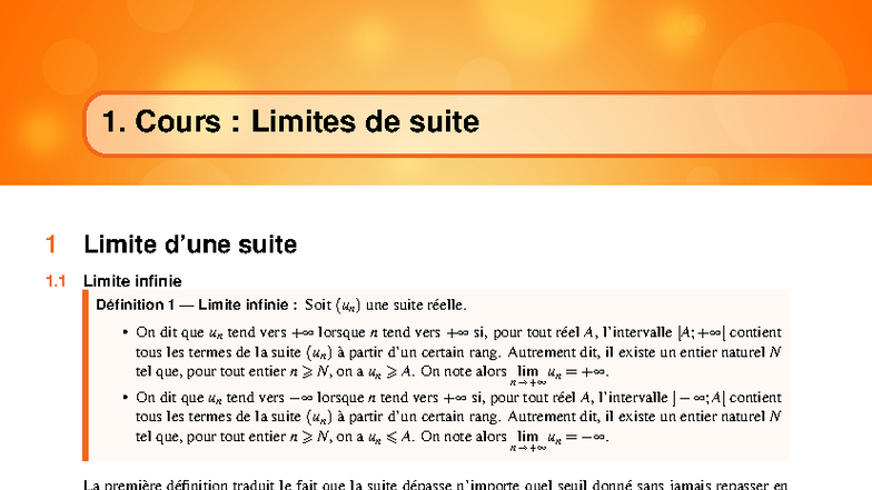 Cours : Limites de suite 1 - Définition et Propriétés - Studocu