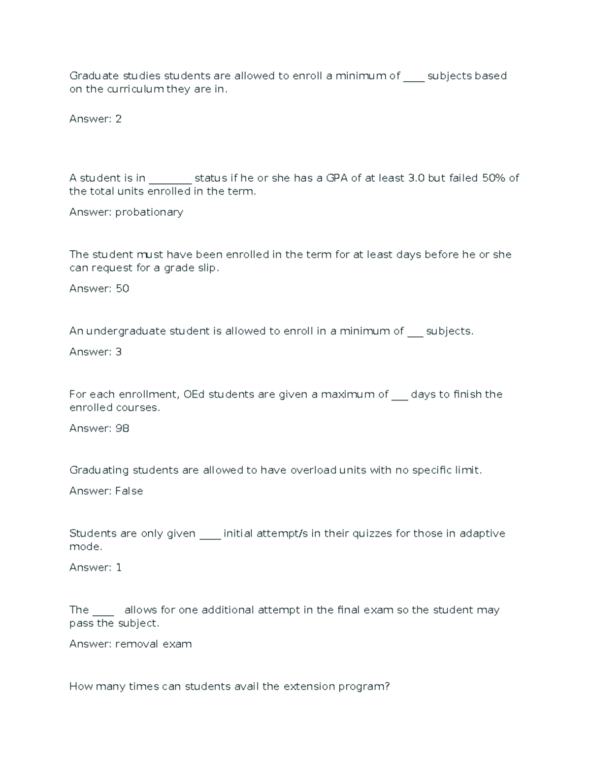 Graduate Studies Answer Sheets for Enrollment & Status Questions - Studocu