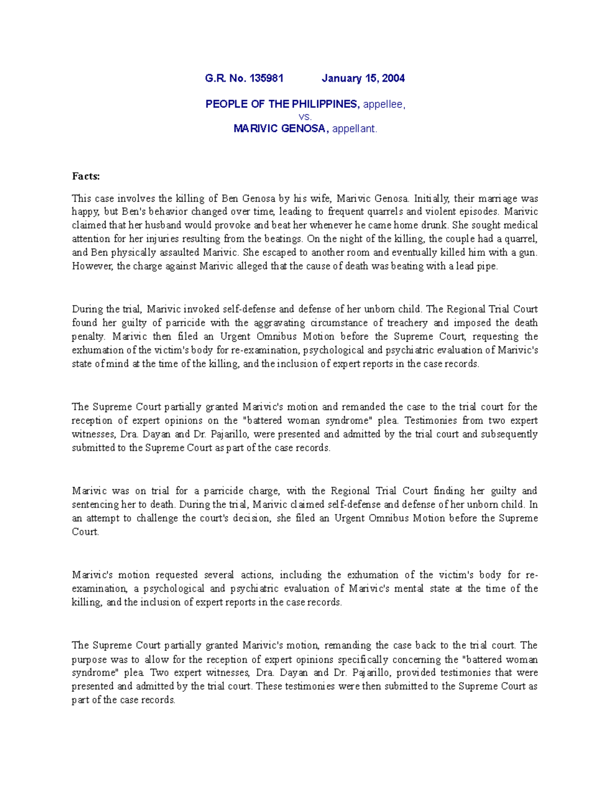 Case Digest: G.R. No. 135981 - People vs. Marivic Genosa (2004) - Studocu
