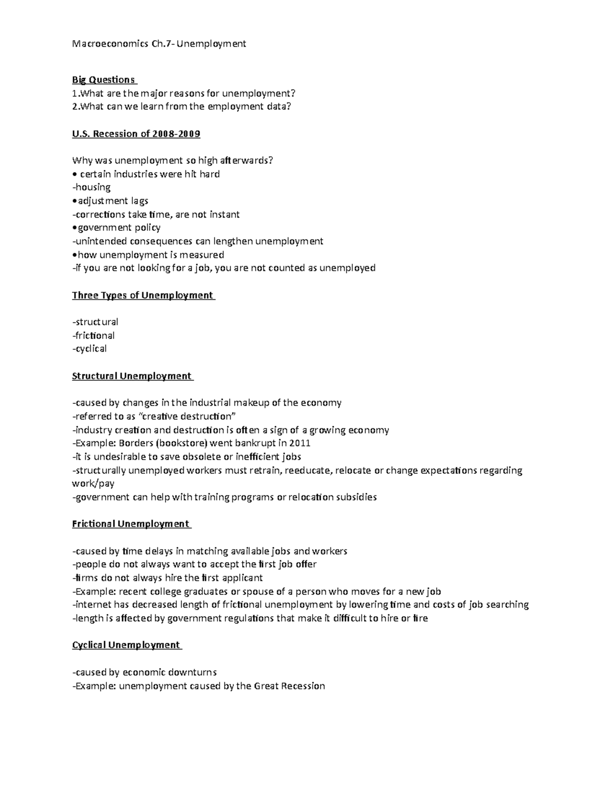 Macroeconomics Ch. 7 Lecture Notes on Unemployment Factors - Studocu