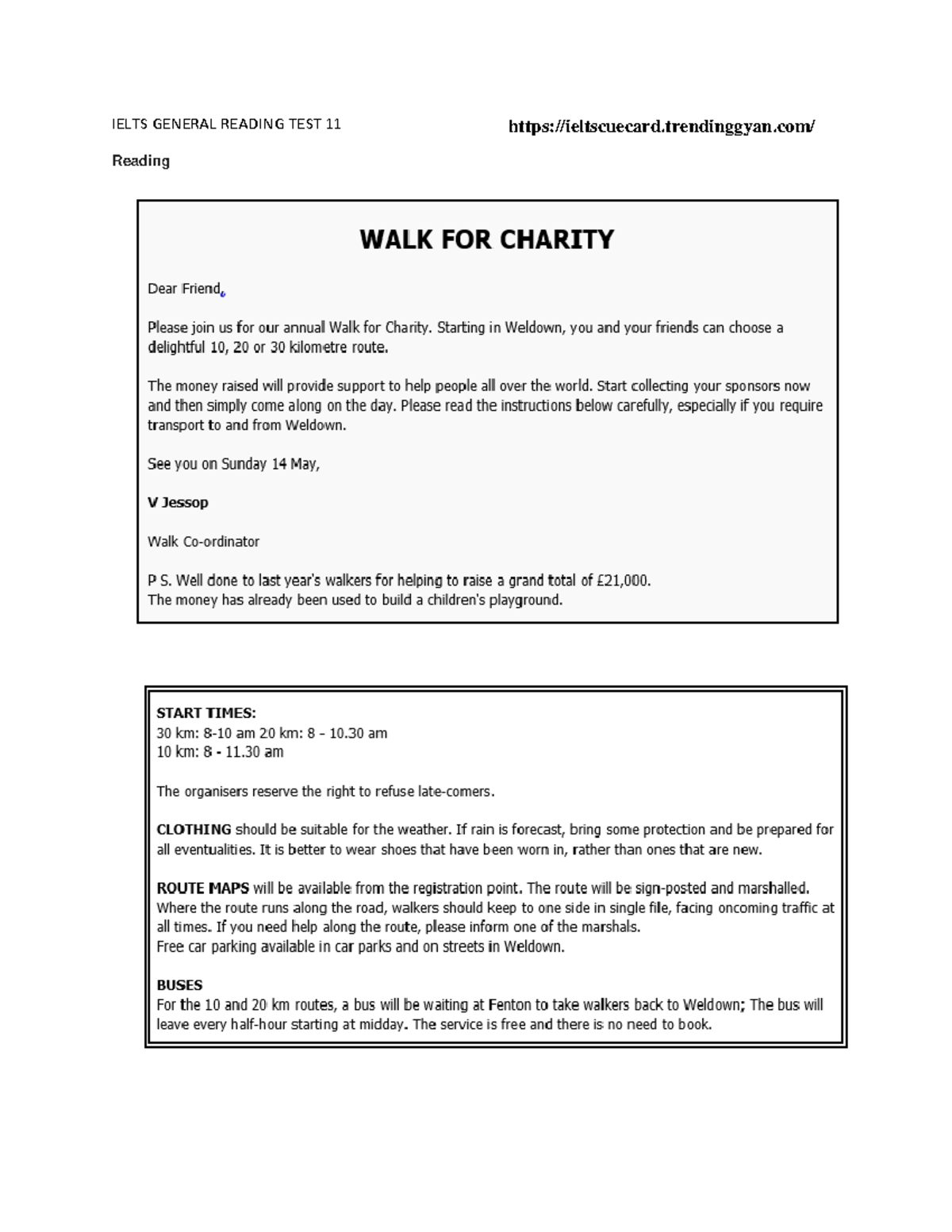 IELTS GENERAL READING TEST 11: Charity Walk & Accommodation Info - Studocu