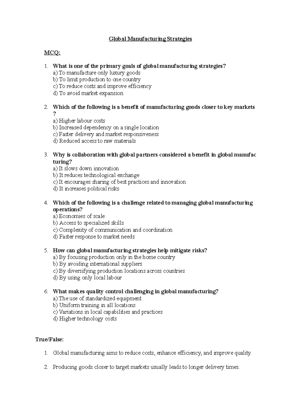 Global Manufacturing Strategies MCQ: Key Concepts and Benefits - Studocu