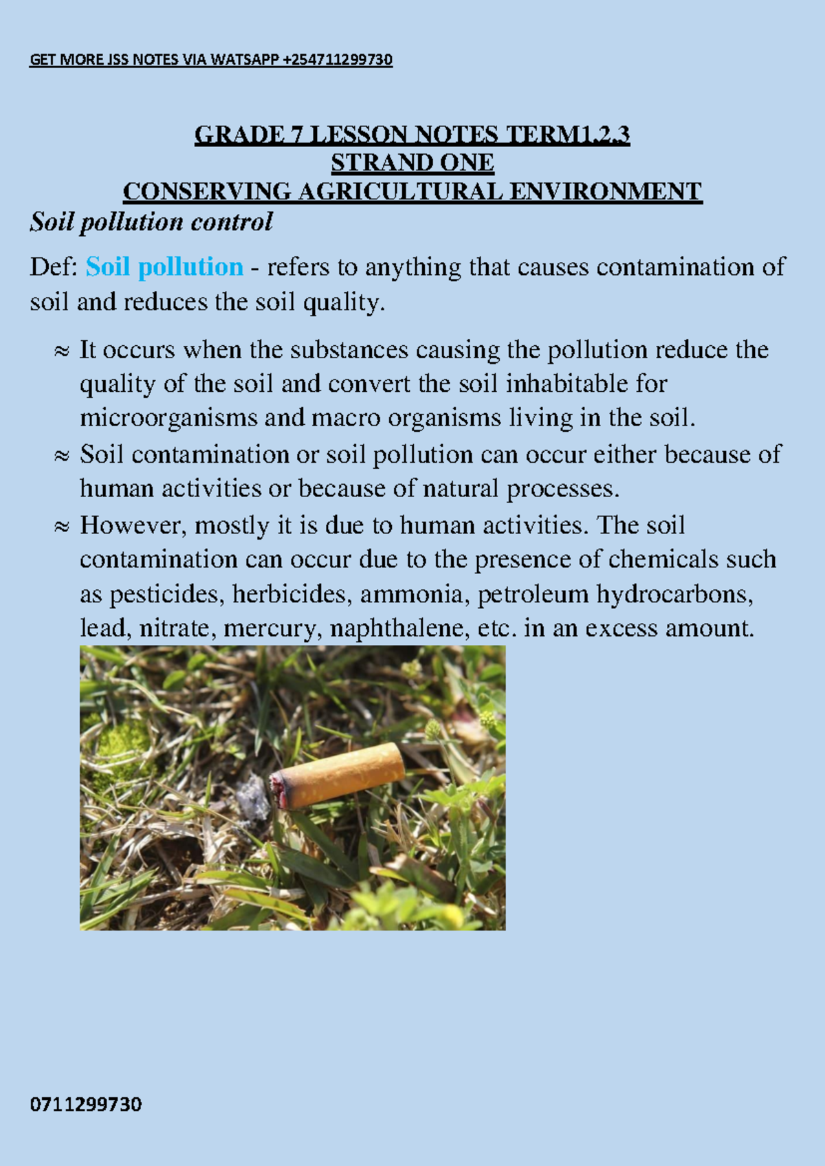 13160 Grade 7 CBC Agriculture Lesson Notes: Soil Pollution & Solutions ...
