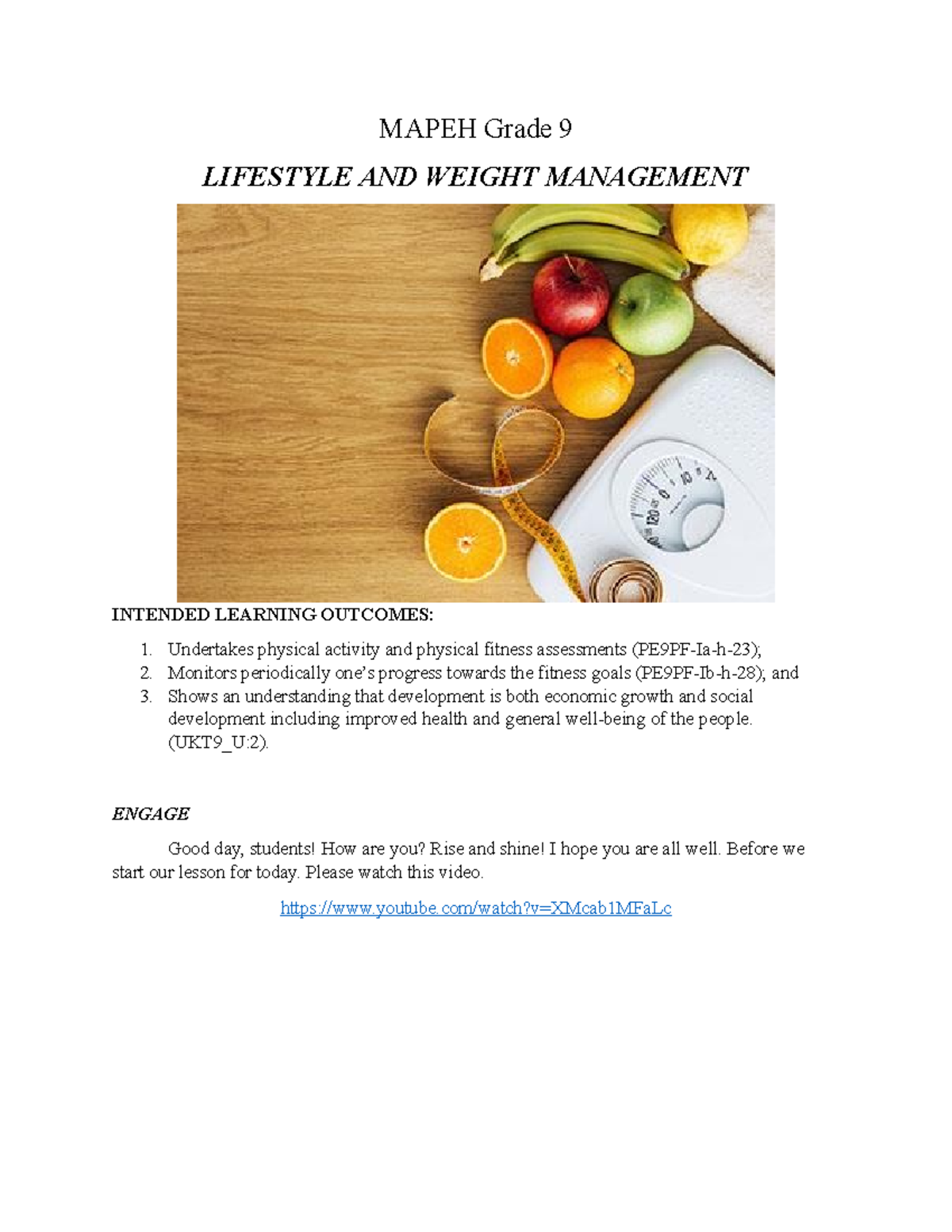 PE9 Lifestyle and Weight Management Lesson Plan and Activities - Studocu