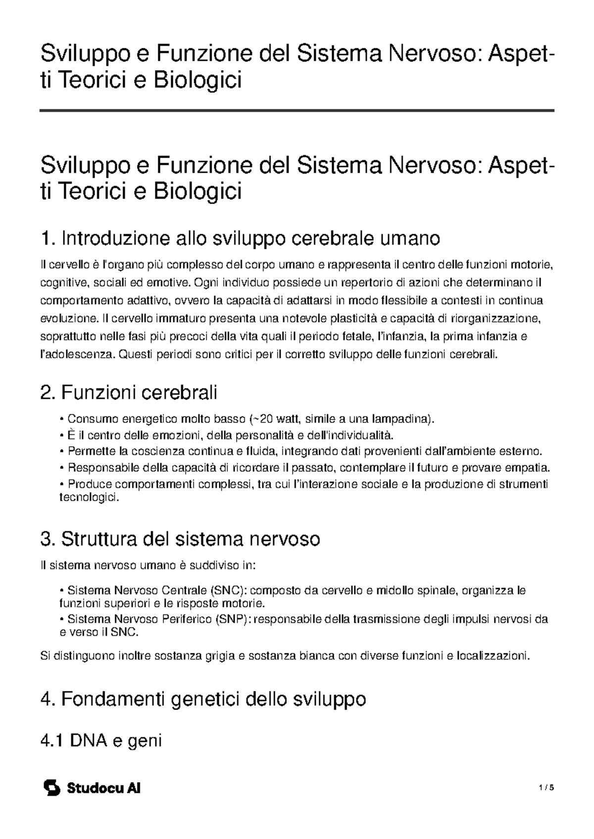 Sviluppo e Funzione del Sistema Nervoso: Teoria e Biologia - Studocu