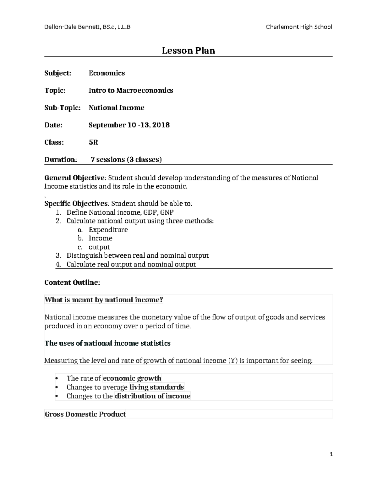 Lesson Plan 1: Understanding National Income in Macroeconomics - Studocu