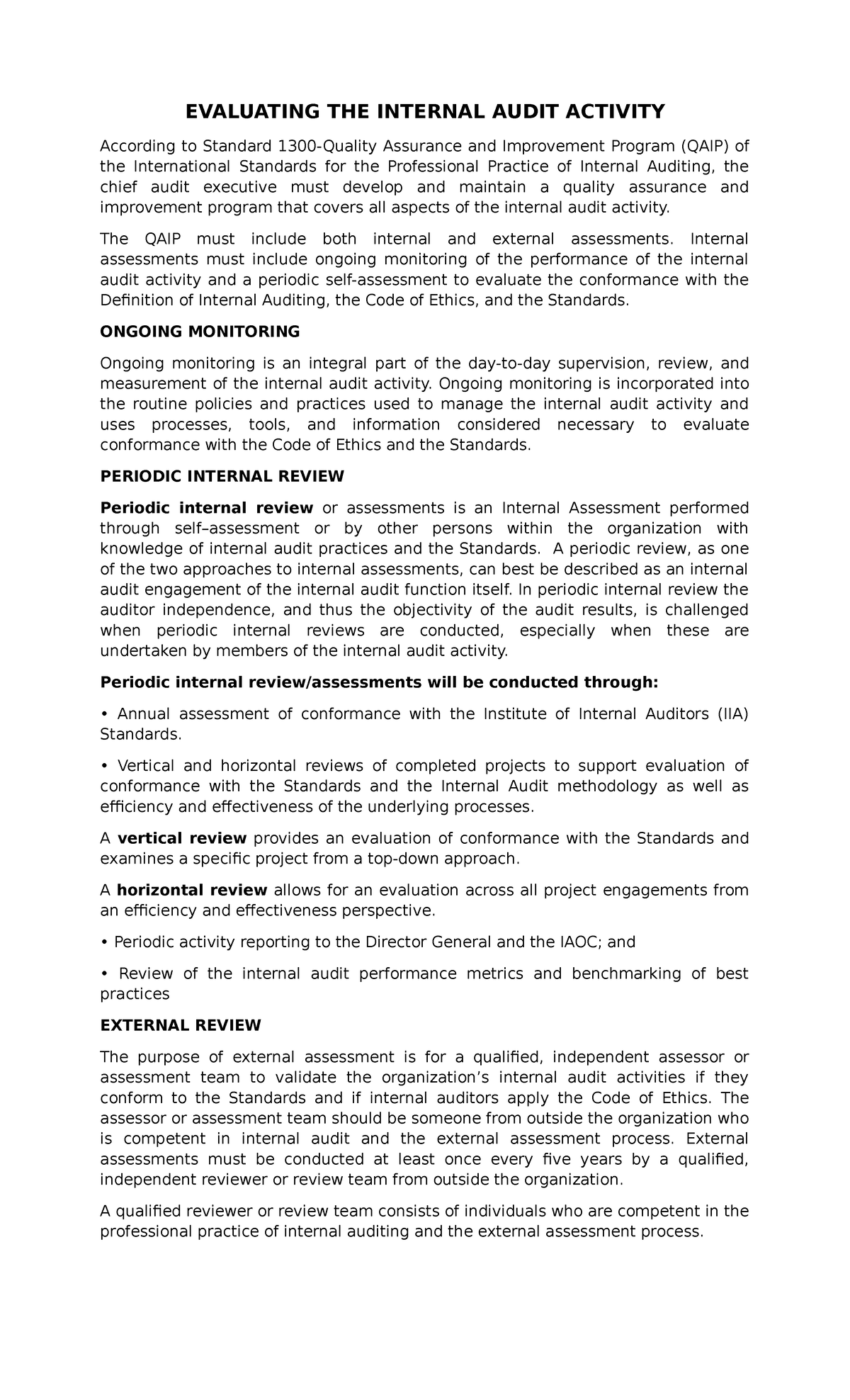 Evaluating Internal Audit Activity: Summary and Insights - Studocu