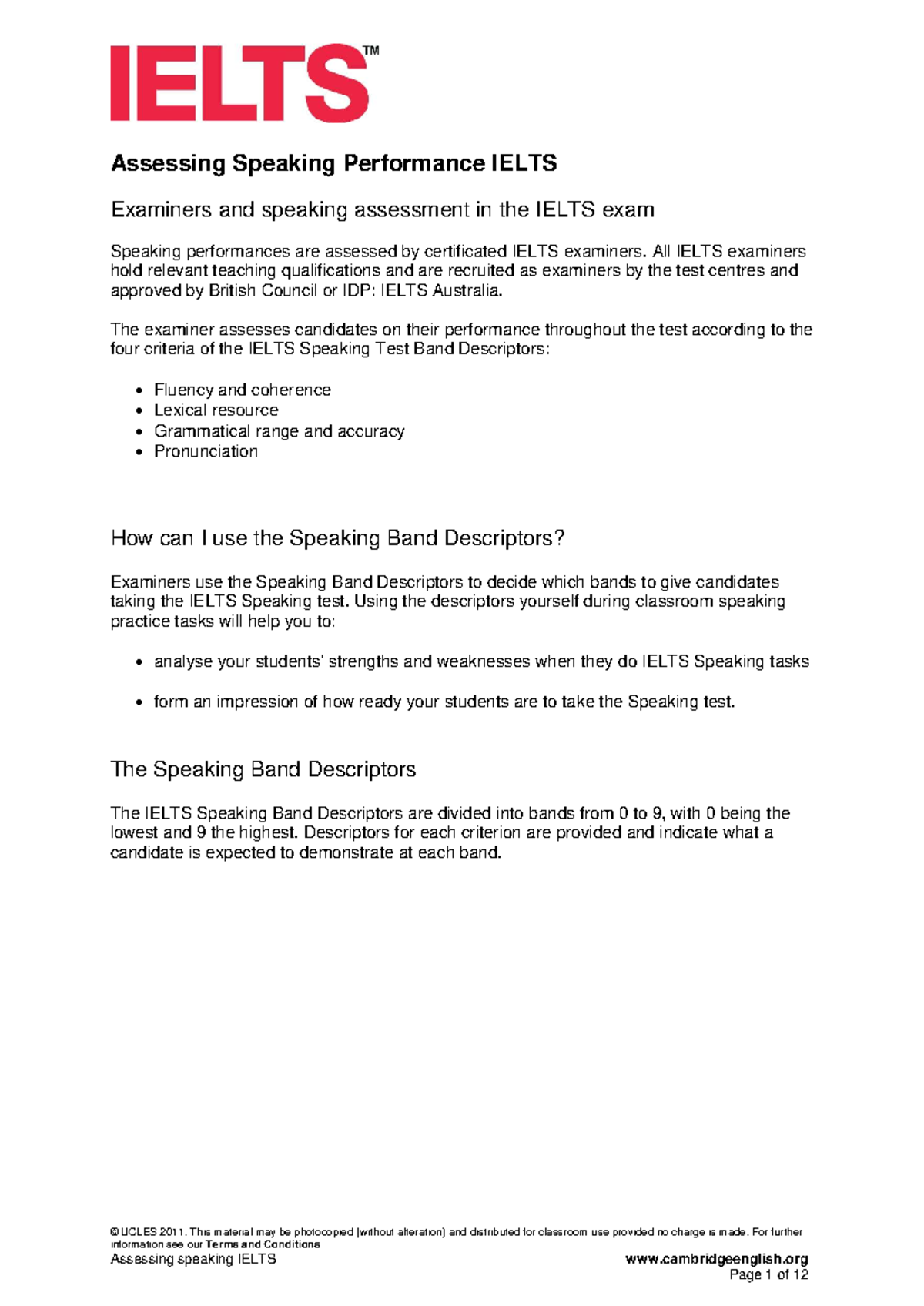 Assessing Speaking Performance: IELTS Speaking Band Descriptors - Studocu