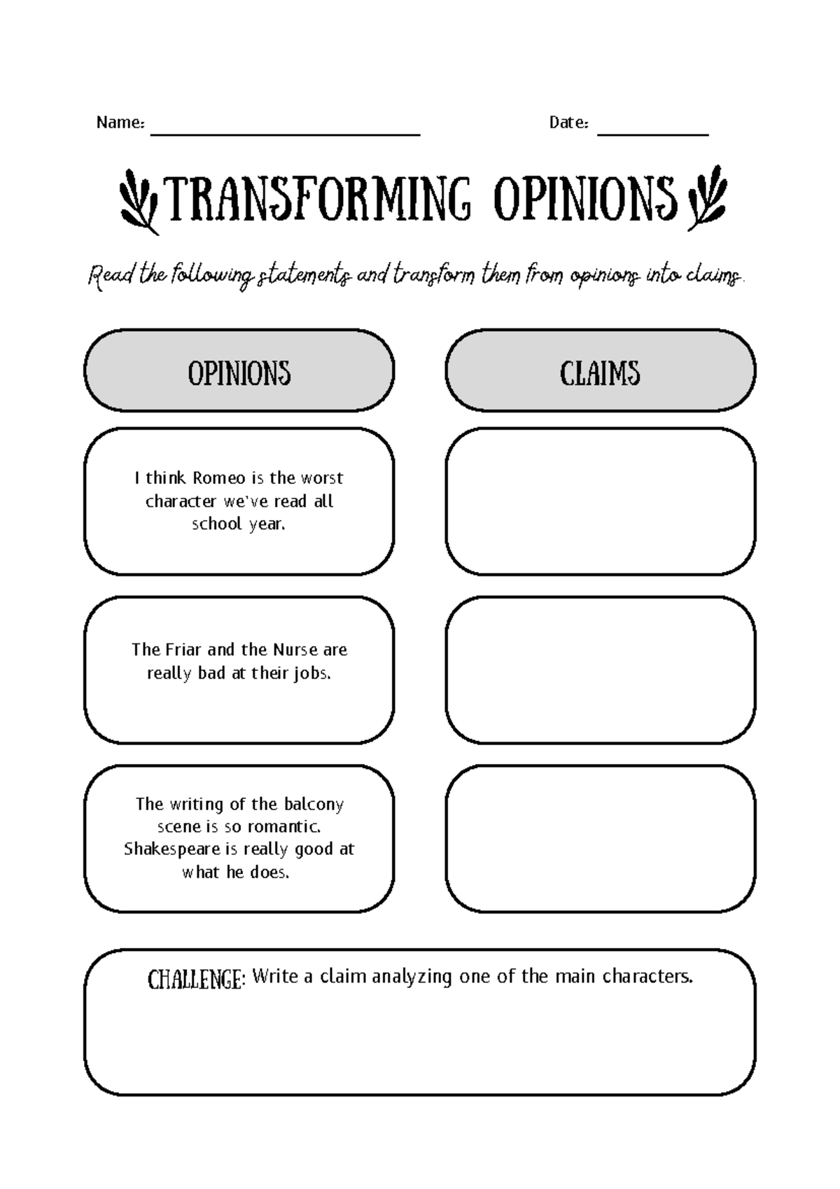 Writing Claims Print Worksheet in Black and White Floral Style ...