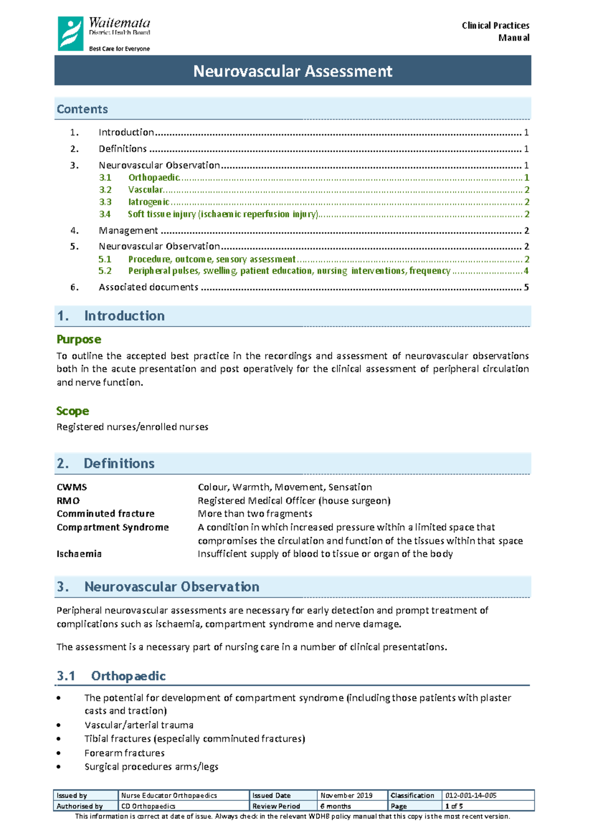 Neurovascular Assessment Nov19 - Manual Neurovascular Assessment Issued ...