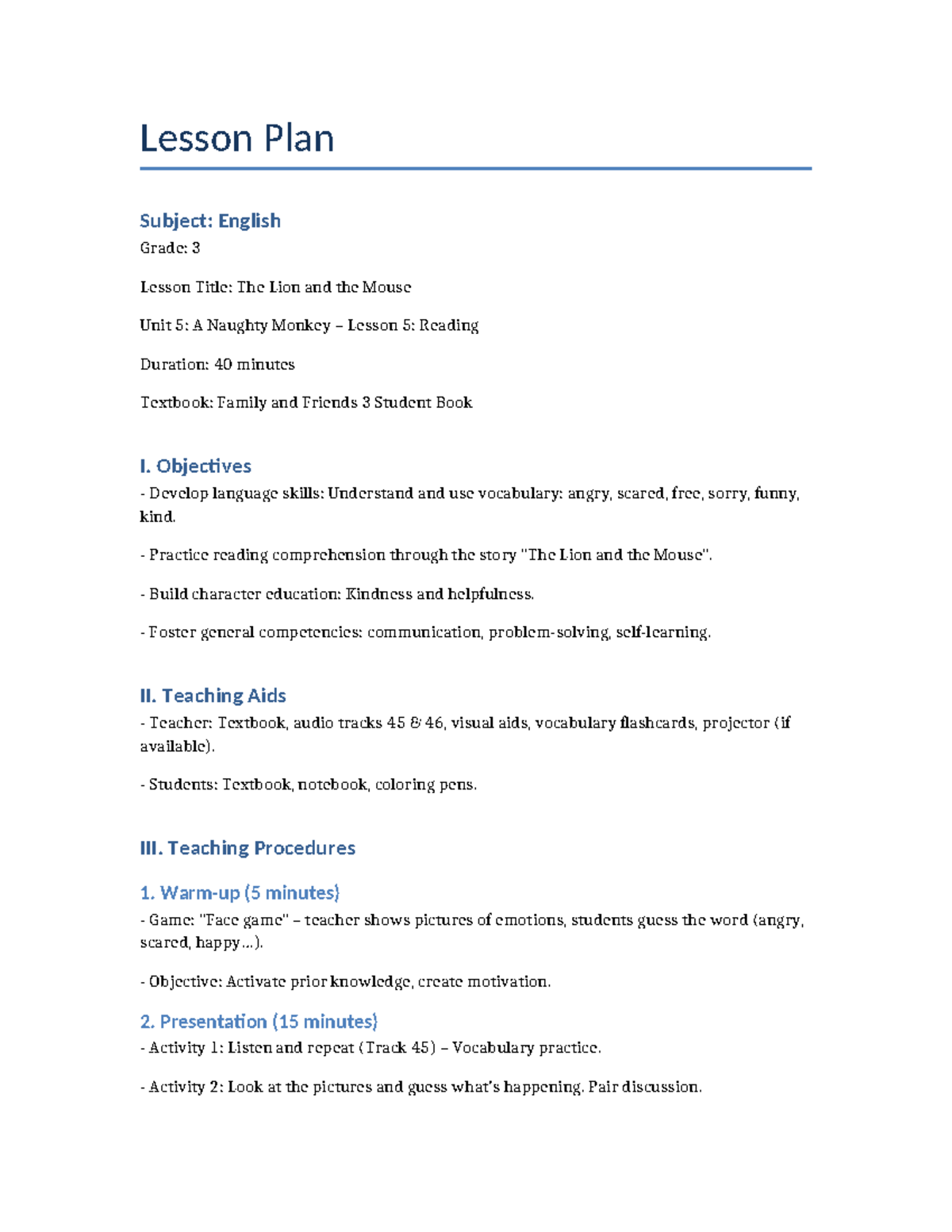 Lesson Plan: English Grade 3 - The Lion and the Mouse (Unit 5) - Studocu