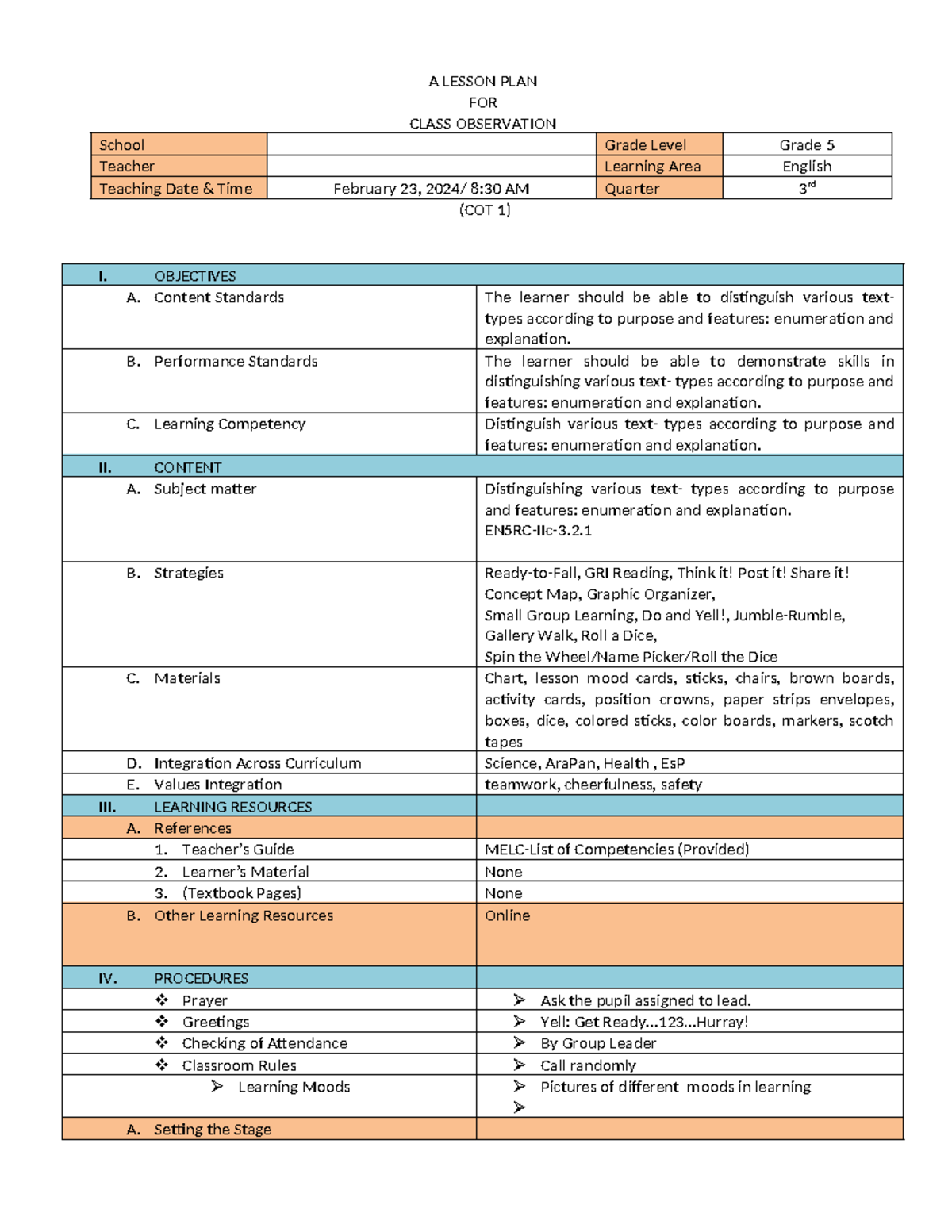lesson plan in English - A LESSON PLAN FOR CLASS OBSERVATION School ...