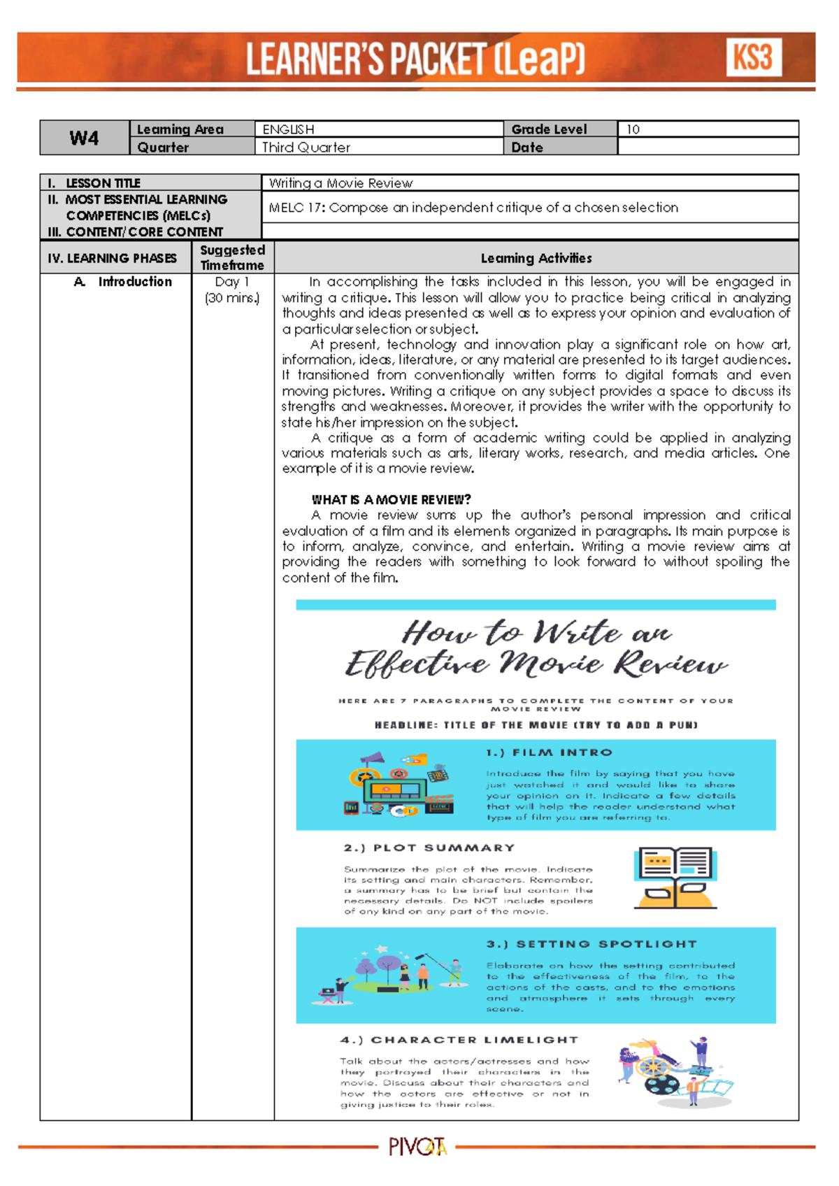 English 10 Q3 Week 4 - Writing a Movie Review Lesson Plan - Studocu